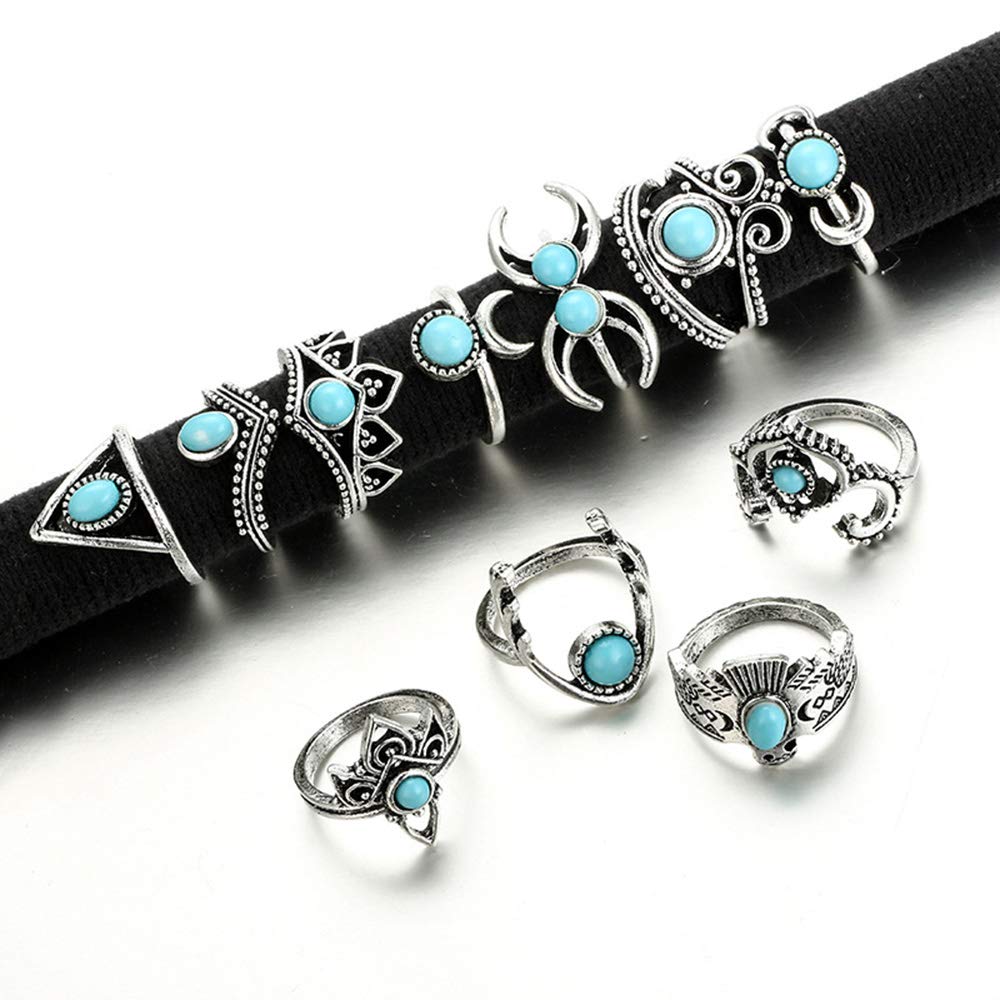 Asphire 11Pcs Bohemian Stacking Knuckle Rings Set Turquoise Midi Ring Punk Silver Animals Finger Rings for Women
