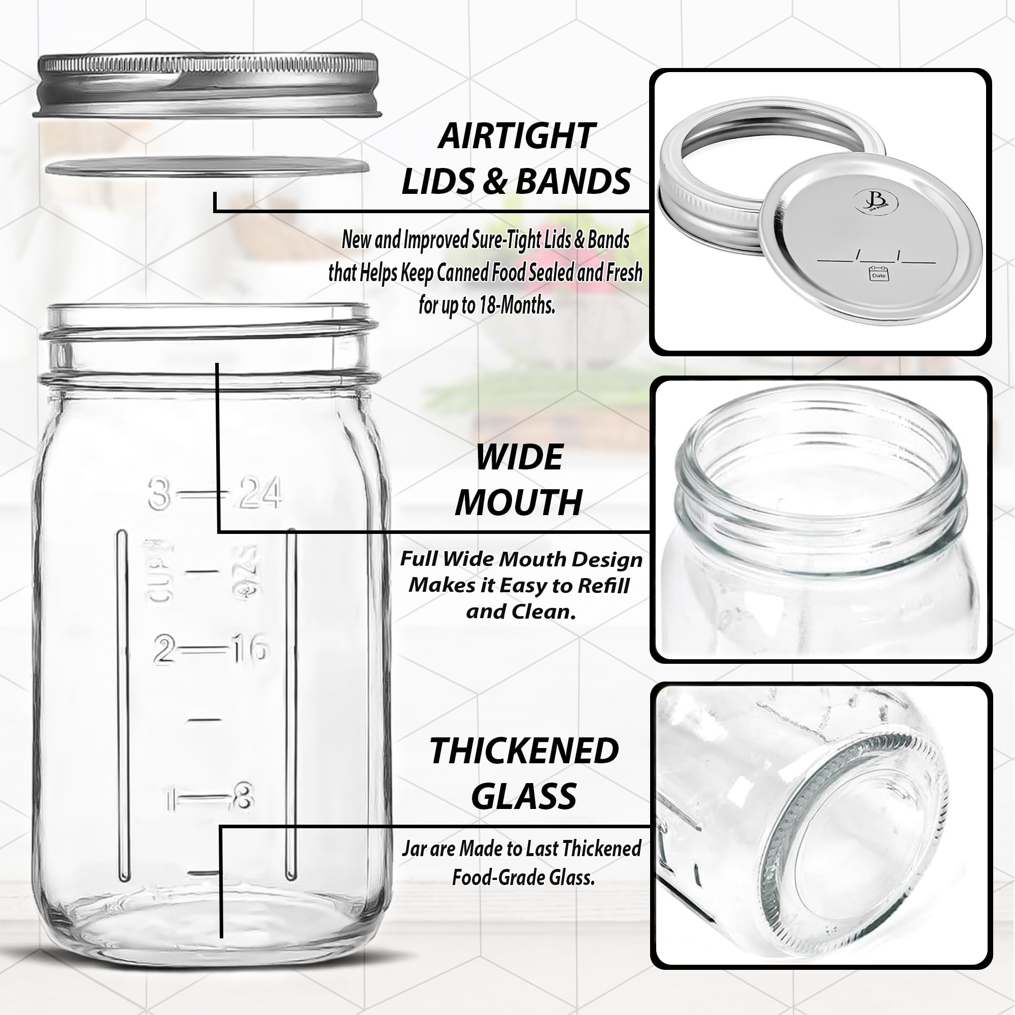 Wide Mouth Mason Jars 32 oz - (4 Pack) - Clear Glass Quart Mason Jars With Airtight Lids and Bands. For Storage, Canning, Fermenting, Meal Prep, Cold Brew Coffee, Freezing, Microwave & Dishwasher Safe