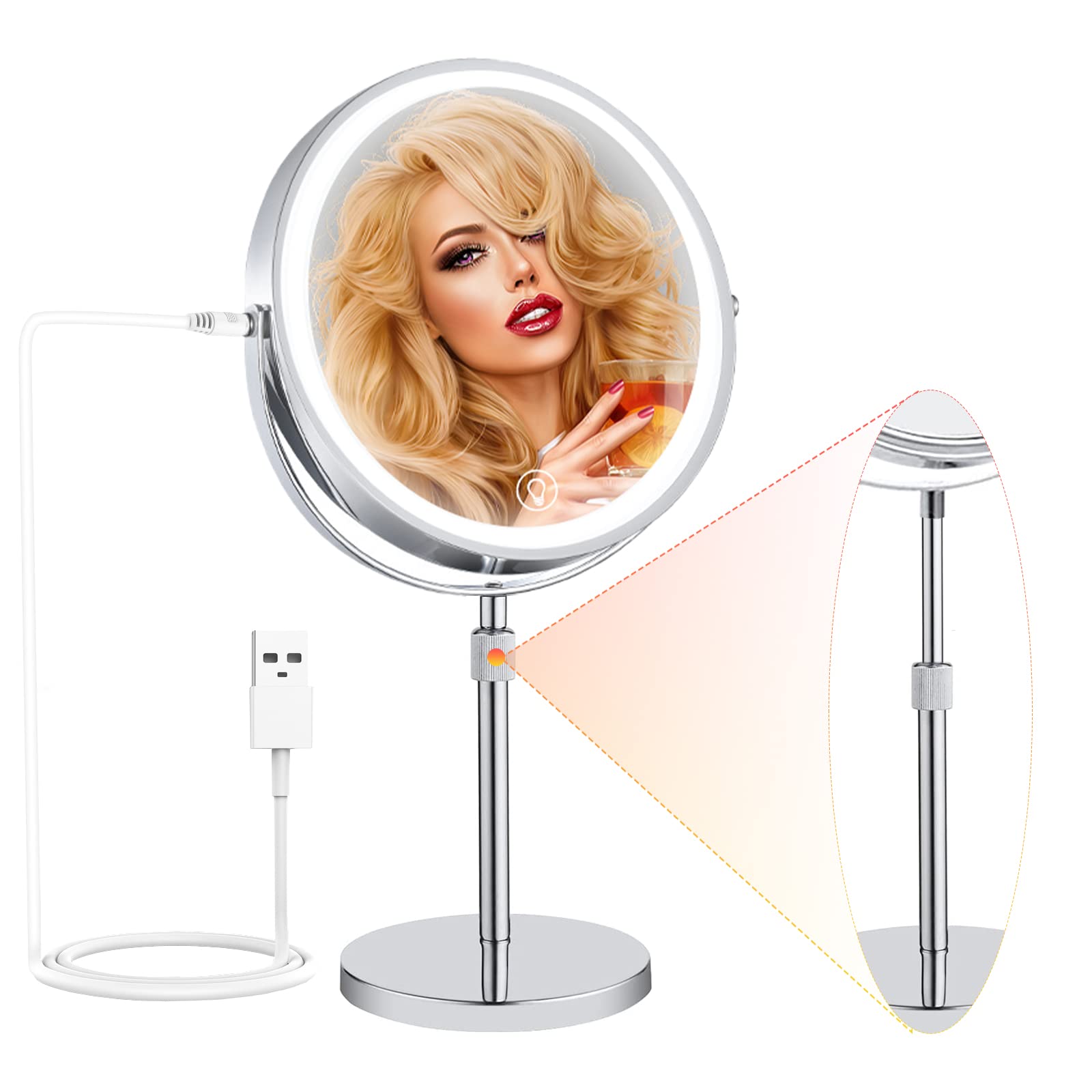 Dare Tobe Lighted Makeup Mirror with 10X Magnification,3 Color Lights 8" Tabletop Mirror,Adjustable Brightness & Height,360° Swivel Rechargeable LED Vanity Mirror for Women Girls