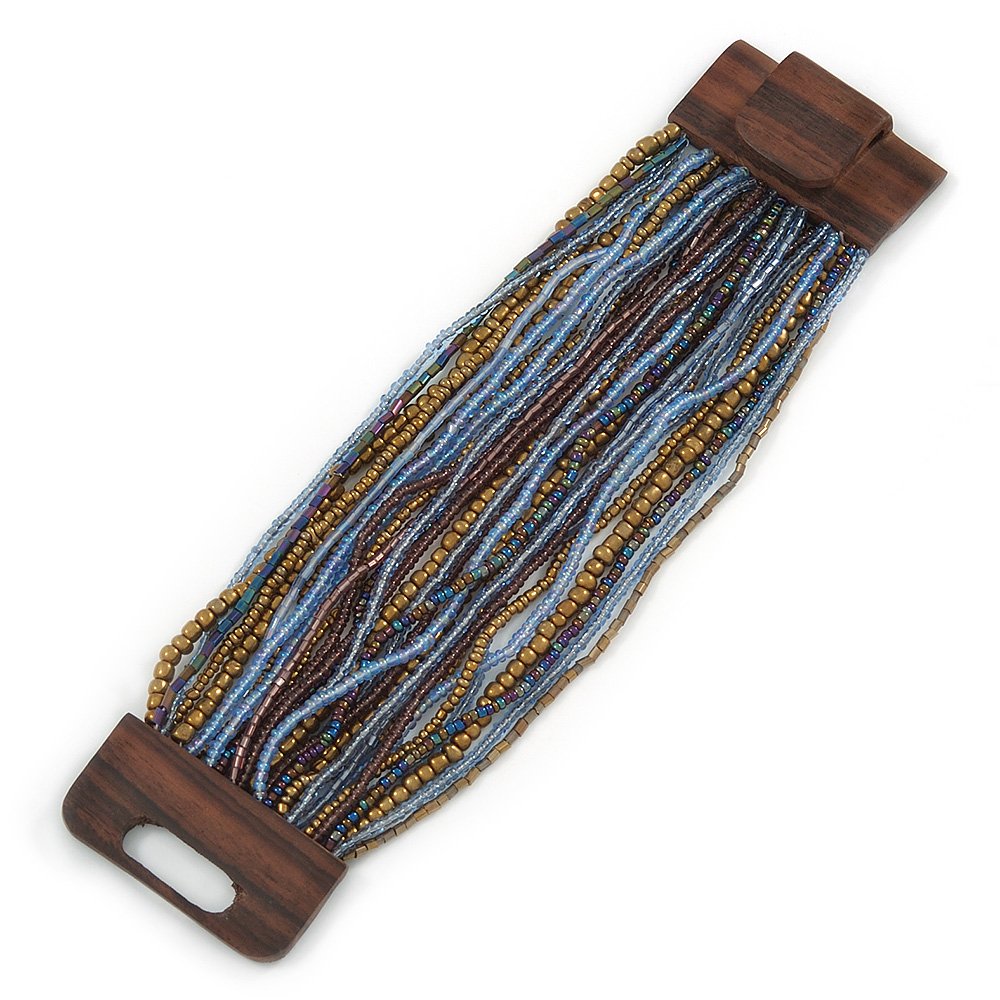 Avalaya Bronze/Light Blue/Purple/Peacock Glass Bead Multistrand Flex Bracelet with Wooden Closure - 19cm L