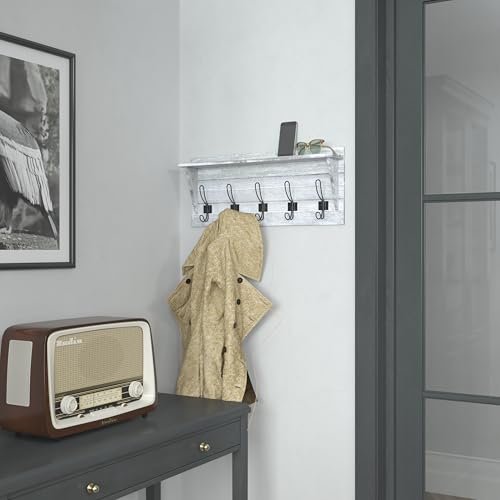 Flash Furniture Daly Wall Mounted Storage Rack - Whitewashed Solid Pine Wood - 24 Inch - Upper Shelf and 5 Hooks - For Entryway, Kitchen, Bathroom