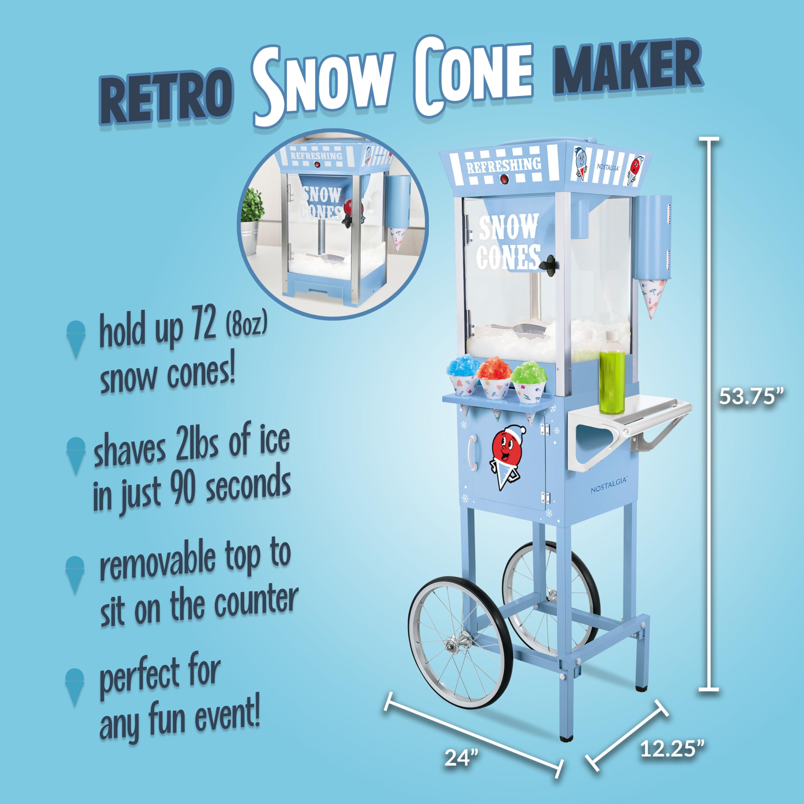 Nostalgia Snow Cone Shaved Ice Machine - Retro Cart Slushie Machine Makes 72 Icy Treats - Includes Metal Scoop, 2 Syrup Bottles, 100 Paper Cups/Spoons, Storage Compartment, Wheels - Blue, 54" Tall
