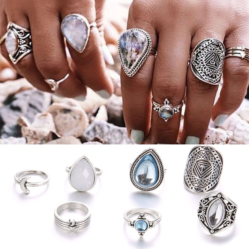 Asphire 7pcs Bohemian Joint Knuckle Rings Set Opal Gemstone Stackable Midi Ring Band Vintage Carved Geometric Finger Rings Sapphire Chunky Ring Pack for Women (Style 5)