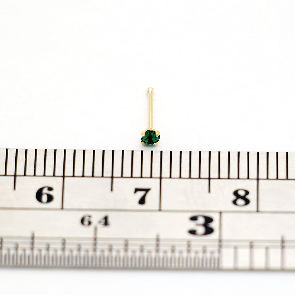 AtoZ Piercing - 9 Karat Solid Yellow Gold Claw Set 2MM Emerald Crystal Stone 22 Gauge Ball End Nose Stud Jewelry