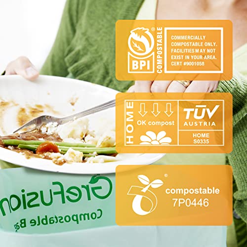 GreFusion Compostable Trash Bags with handle-tie,Garbage Bags, 2.6 Gallon,Thick 0.91 mils,Food Waste Bags,Small trash bags for compost bin kitchen,Certified by BPI and OK Compost (2.6G-50count)
