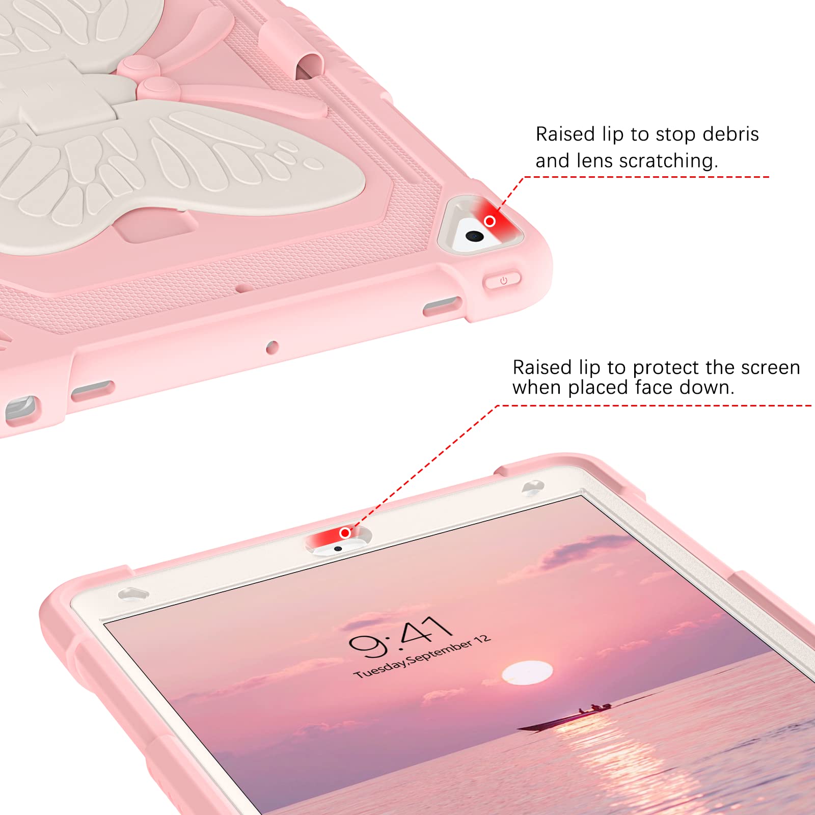 DUEDUE for iPad 10.2 9th/8th/7th Generation Case 2021/2020/2019, Butterfly Wings Kickstand with Pencil Holder Heavy Duty Rugged Shockproof Case for New Apple iPad Air 3 10.5, Beige/Pink