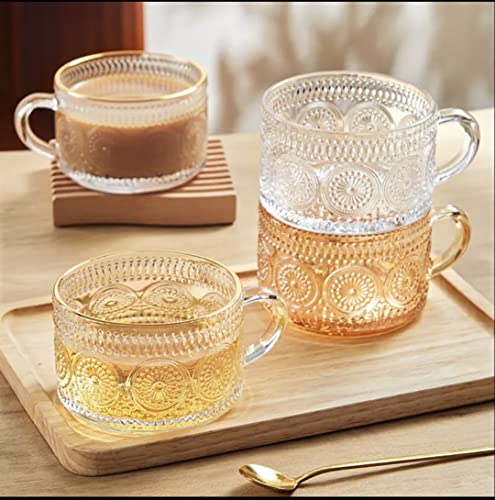LUECMO Vintage Coffee Tea Cups [2 Pack], 14 oz Glass Tea Coffee Mugs, Clear Embossed Glass Cups for Cappuccino, Latte,Cereal, Yogurt, Beverage (Transparent)