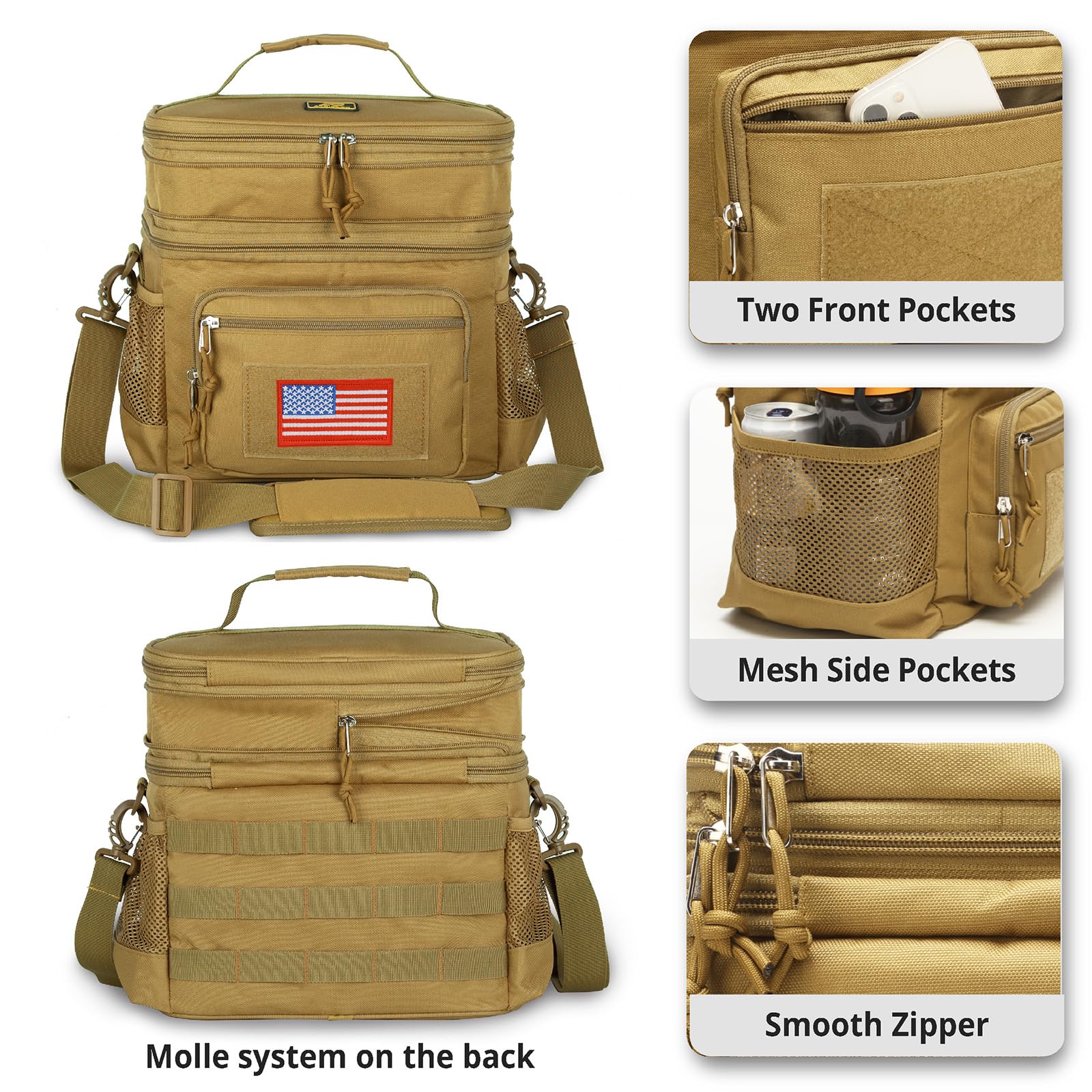 ATRIPACK Lunch Bag for Men, Double Deck Tactical Lunch Box Work with Shoulder Strap MOLLE Webbing Large Lunch Cooler Leakproof Insulated (Brown)