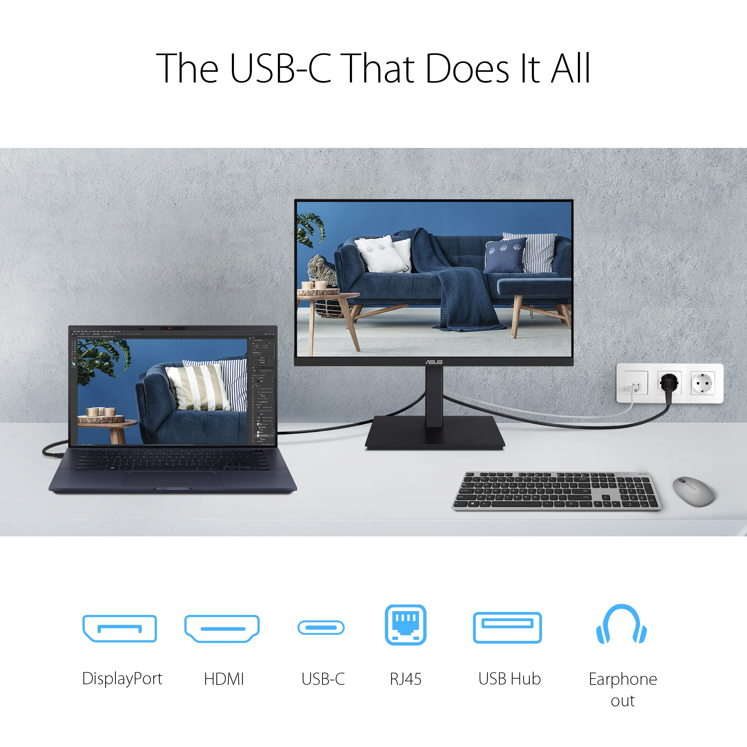 ASUS 23.8” 1080P Docking Monitor (VA24ECPSN) - Full HD, IPS, 75Hz, Adaptive-Sync, Speakers, Eye Care, Low Blue Light, Flicker Free, USB-C, RJ45, HDMI, Frameless, Height Adjustment, VESA Wall Mountable