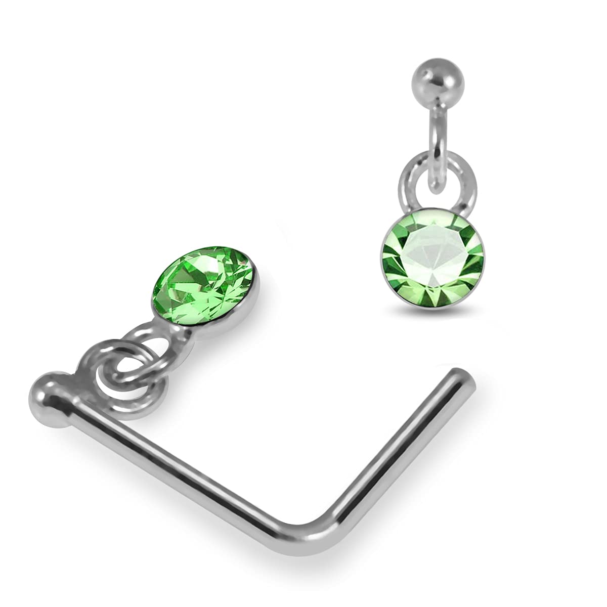 AtoZ Piercing Light Green Danling Gemstone Top 22 Gauge Silver L Shape - L Bend Nose Stud Nose Pin