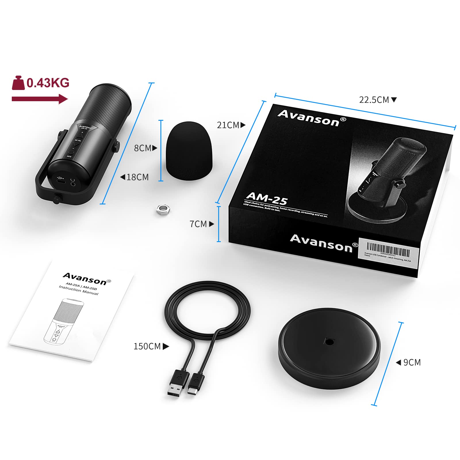 Avanson USB Condenser Microphone, Metal Build Desktop PC Recording Mic with Weighted Stand for Voice Overs Home Recording Podcasts Online Class Zoom YouTube Twitch Streaming, AM-25A