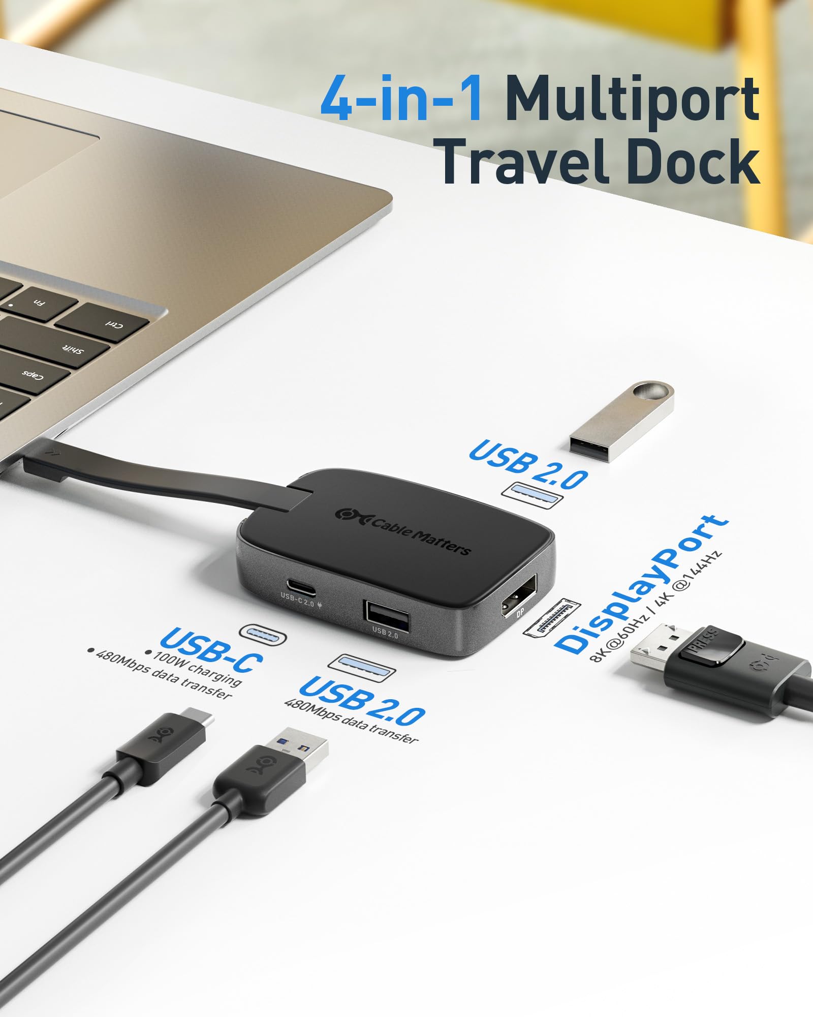 Cable Matters 4K@240Hz USB C Hub DisplayPort 1.4 with 100W Charging, Support 8K@60Hz, HDR(Foldable USB C to DisplayPort Hub) Compatible with Thunderbolt 4, MacBook Pro, XPS, iPad Pro, iPhone 16/15 Pro