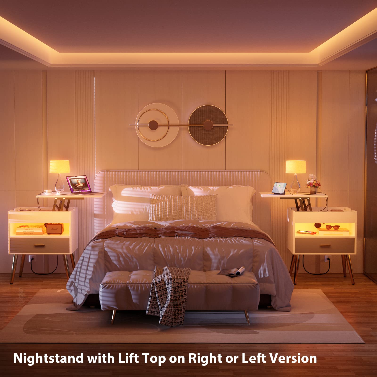 Cyclysio 35'' Nightstands Set of 2 with Reversible Lift Top, Large Night Stand with Lights, Tall Bedside Table with Charging, White Modern Side Table