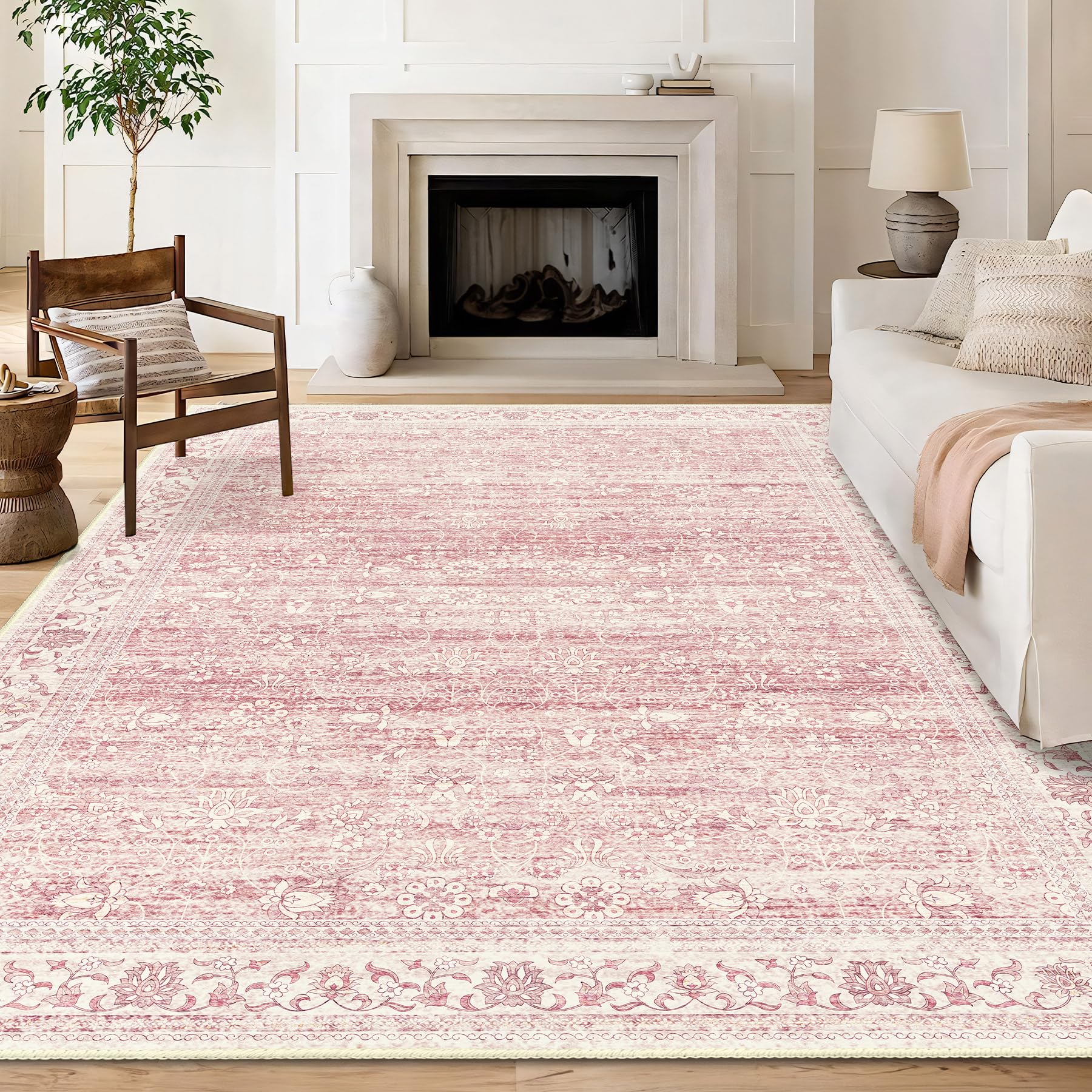 Brakki Area Rugs 5x7, Pink Washable Rugs for Living Room Bedroom Dining Room Kitchen, Ultra Thin Soft Boho Rug Non Slip, Vintage Distressed Carpet Floral Rug for Home