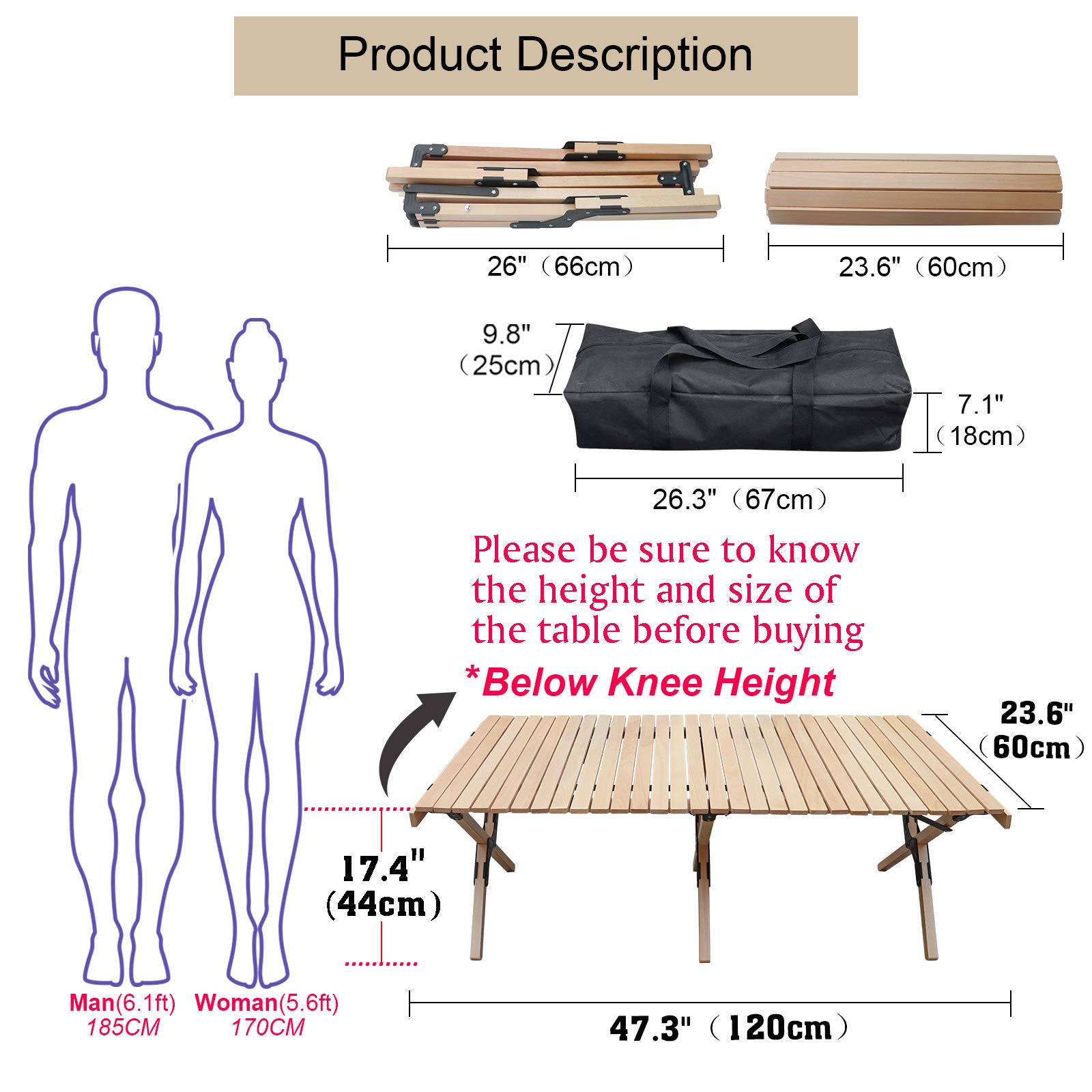 Benewin Camping Folding Wood Table- Portable Foldable Outdoor Picnic Table,Cake Roll Wooden Table in a Bag for Picnic, Camp, Travel, Garden BBQ Accessories