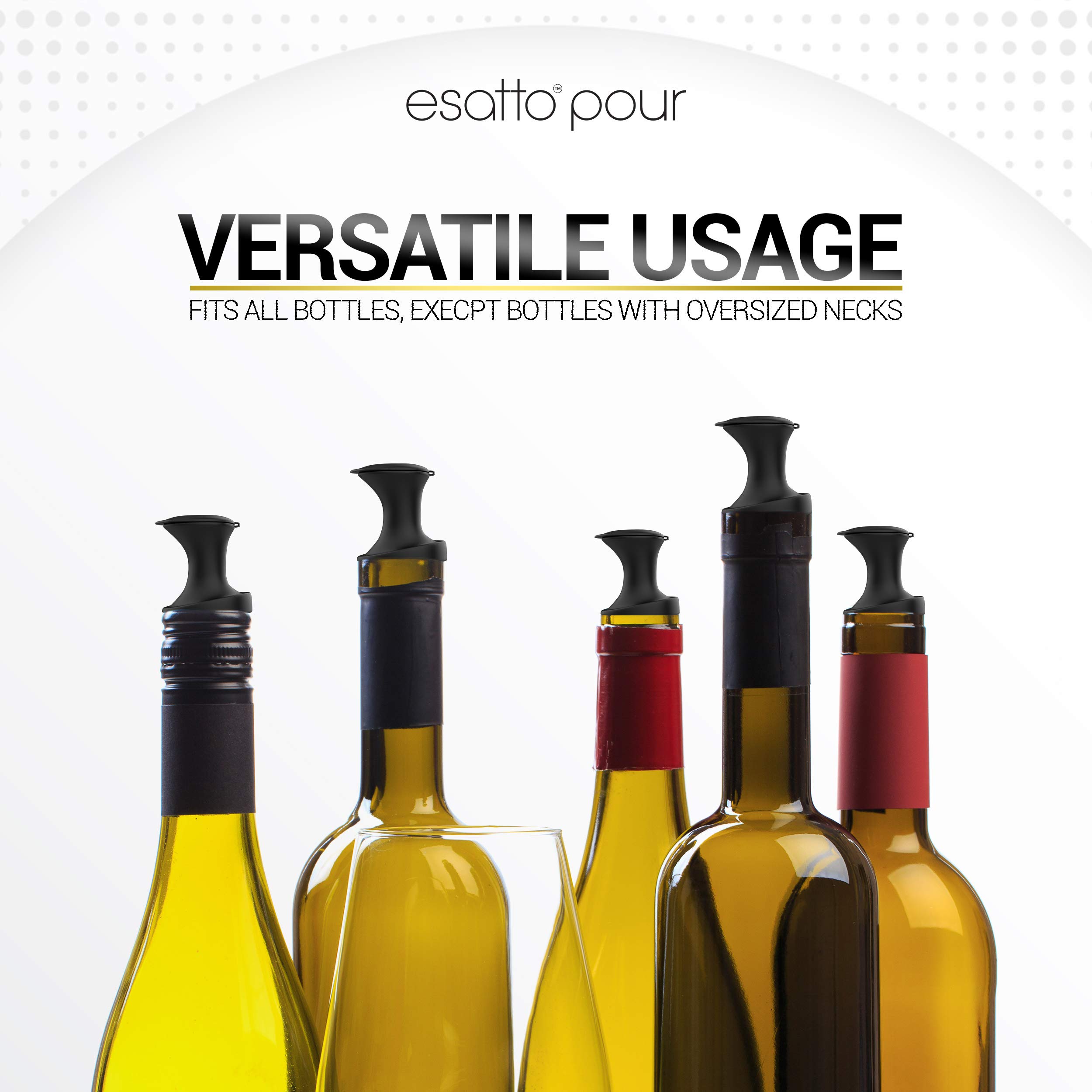 Esatto Pour and Seal, Plastic Bottle Pourers With Built In Lid β Easy and Precise Pouring, Lid for Storing and Healthy Practices, Professional Bar Tool, Pack of 12 Pieces Wine Stopper Pourer (Black)