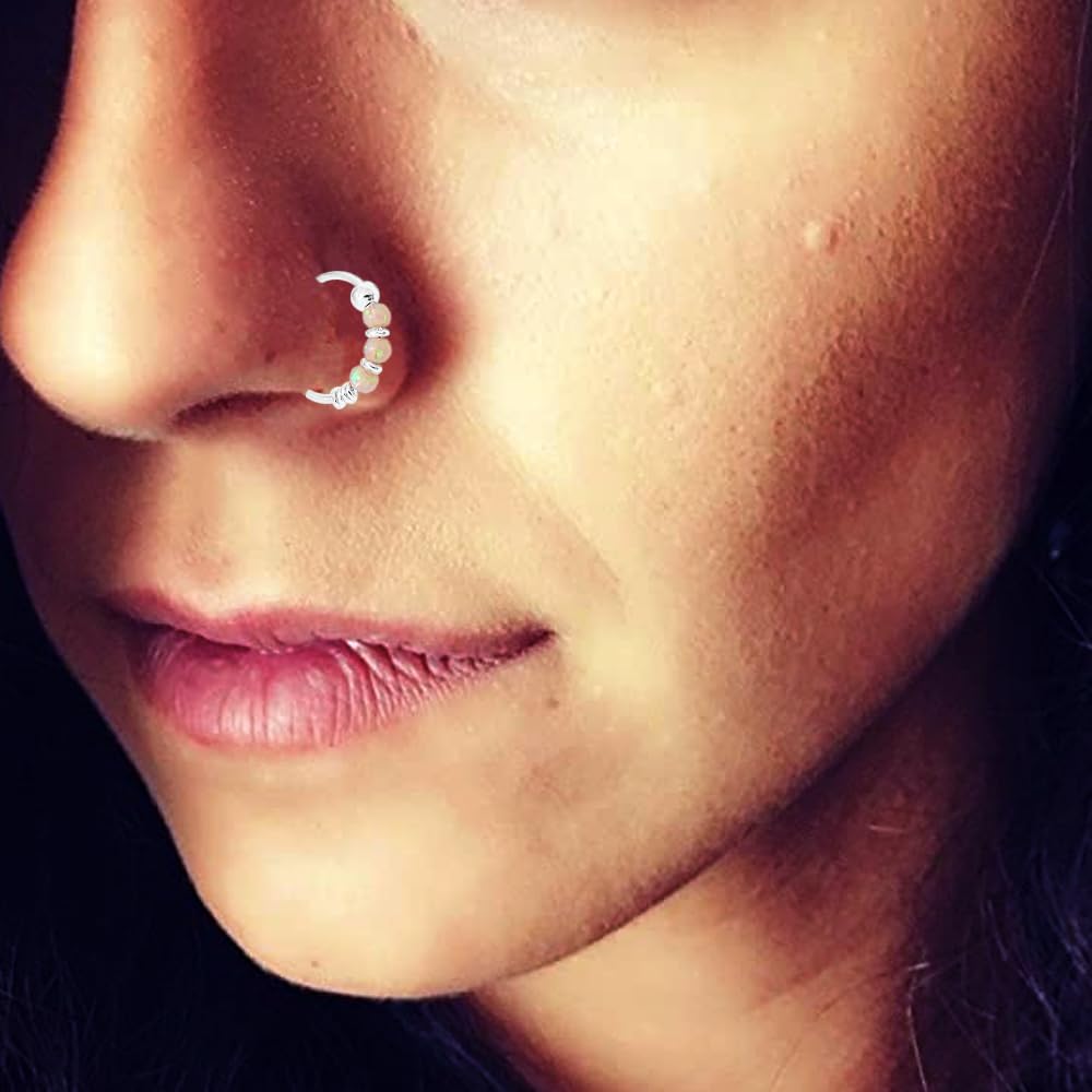 AtoZ Piercing Triple Fire White Opal Ball on 9K Solid White Gold 22 Gauge Hoop Nose Ring Jewelry