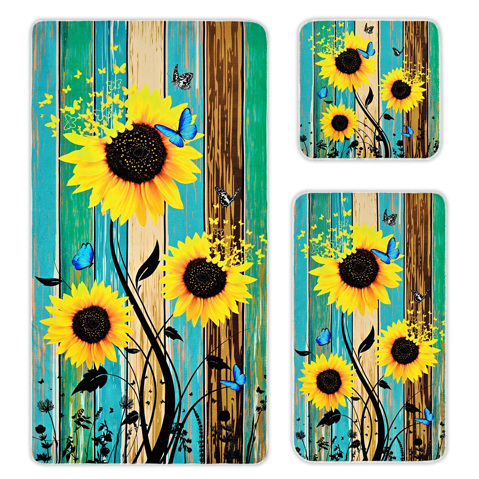 ASPMIZ 3 Pcs Sunflower Beach Towel Oversized Set Include Bath Towel Hand Towel Dish Towel, Microfiber Beach Towels for Adults Quick Dry Bulk Large, Absorbent Wooden Pool Towel Sand Free Bathroom Towel