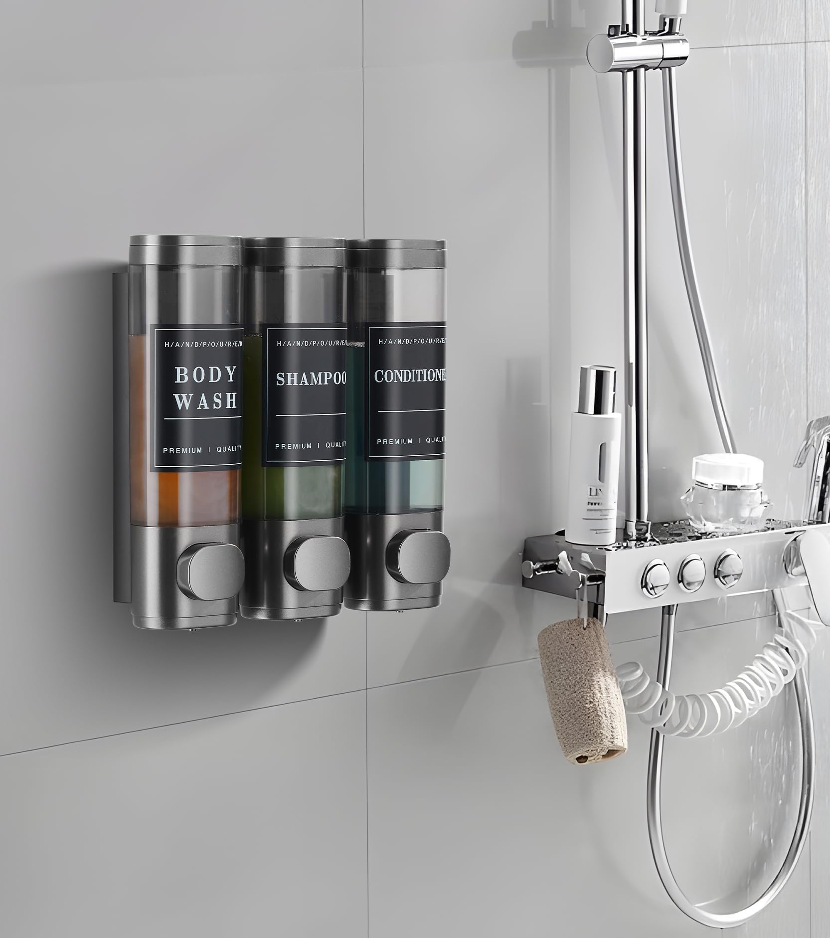 Cabo Deseado Shower Soap Dispenser Wall Mounted No Drill Shampoo Dispenser for Shower Wall Shampoo and Conditioner Dispenser Bathroom Hotel 3 * 300ml Gungray with Labels