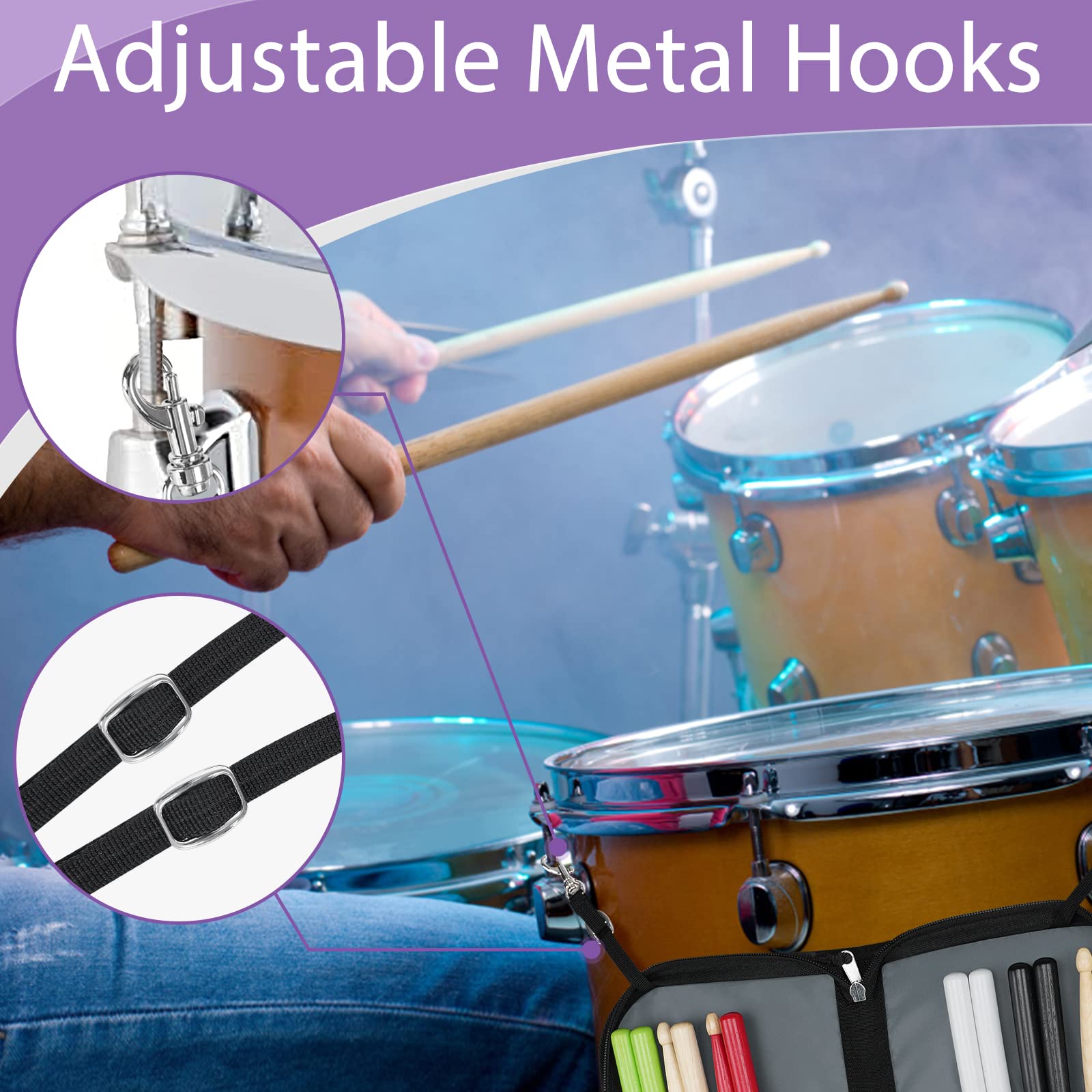 SNIGJAT Drumstick Bag with Crossbody Shoulder Strap, Large Capacity Mallet Bag with Anti-falling Pockets, Gifts for Drummers, Beginners in Band, Gig, Solid Drum Sticks Bag with Metal Hooks