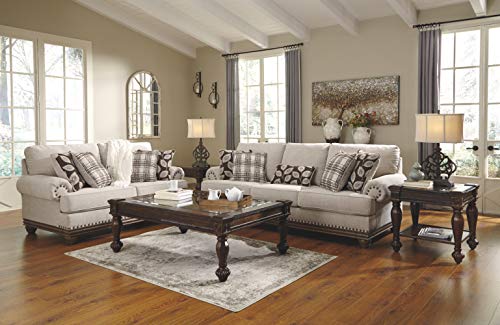 Signature Design by Ashley Harleson Modern Farmhouse Loveseat with Nailhead Trim and 4 Accent Pillows, Beige