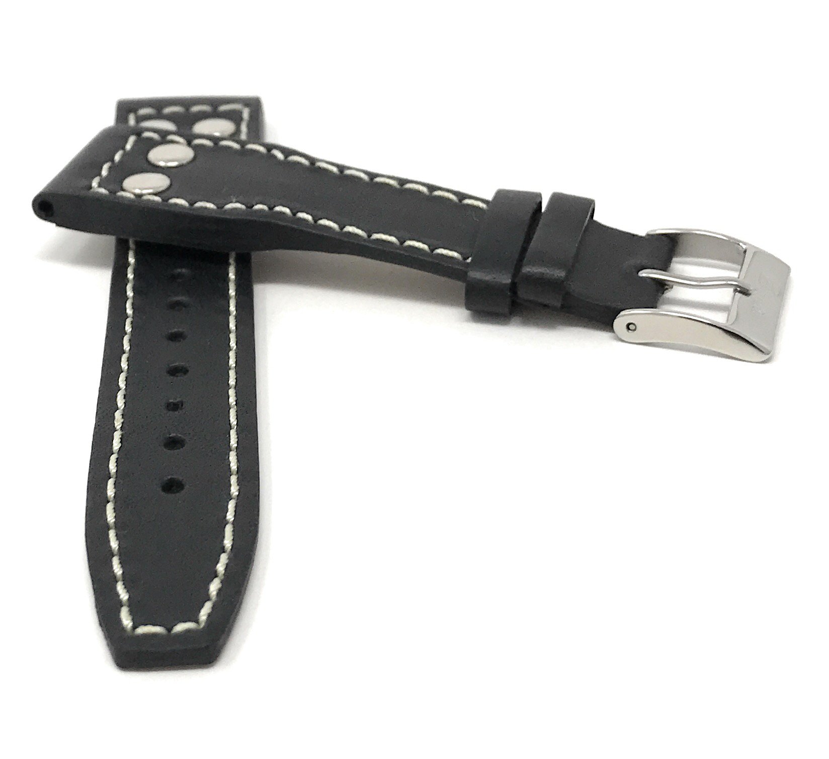 Bandini 18mm Mens Italian Leather Watch Band Strap - Black - 2 Rivets for IWC Pilot