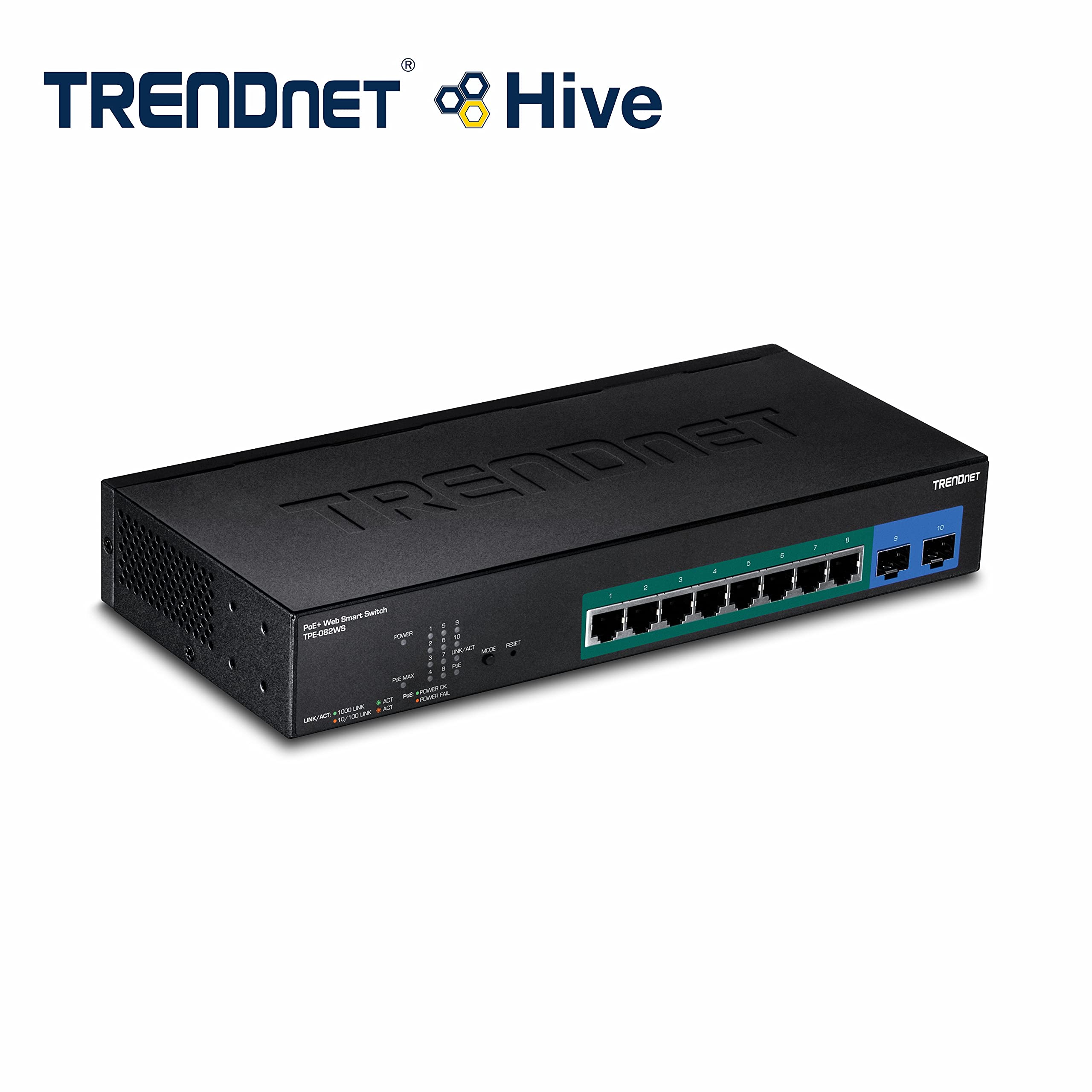 TRENDnet 10-Port Gigabit Web Smart PoE+ Switch, 8 x Gigabit PoE+ Ports, 2 x SFP Slots, Vlan, QoS, IPv6 Support, 20Gbps Switching Capacity, 75W PoE Power Budget, Lifetime Protection, Black, TPE-082WS