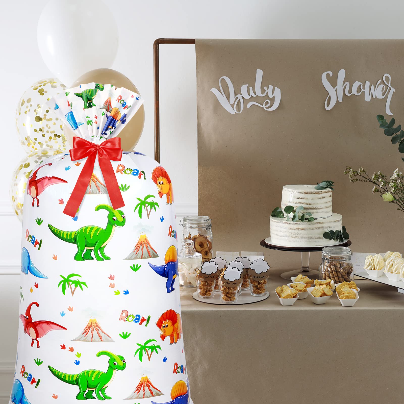 Teling 2 Pcs 70 x 40 Extra Large Jumbo Gift Bag for Giant Gifts, Extra Big Plastic Present Bag for Huge Gifts Wrapping Bags with 2 Rolls Ribbons for Birthday Party(Dinosaur Style)