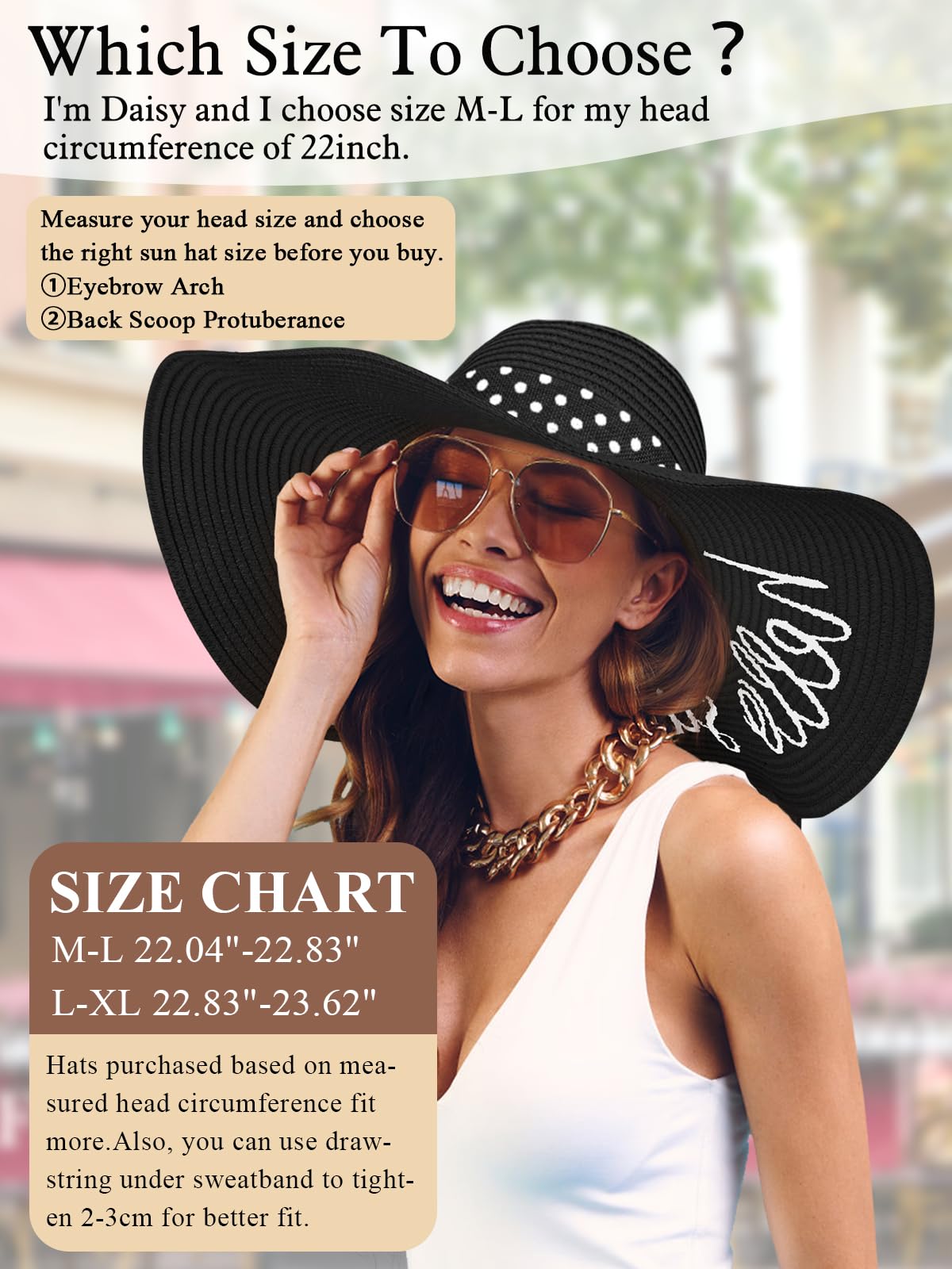 Beach Hats for Women - Foldable Straw Hat Embroidered Wide Brim Floppy Sun Hat UPF 50+, Honeymoon, Travel, Cruise,C1-Black