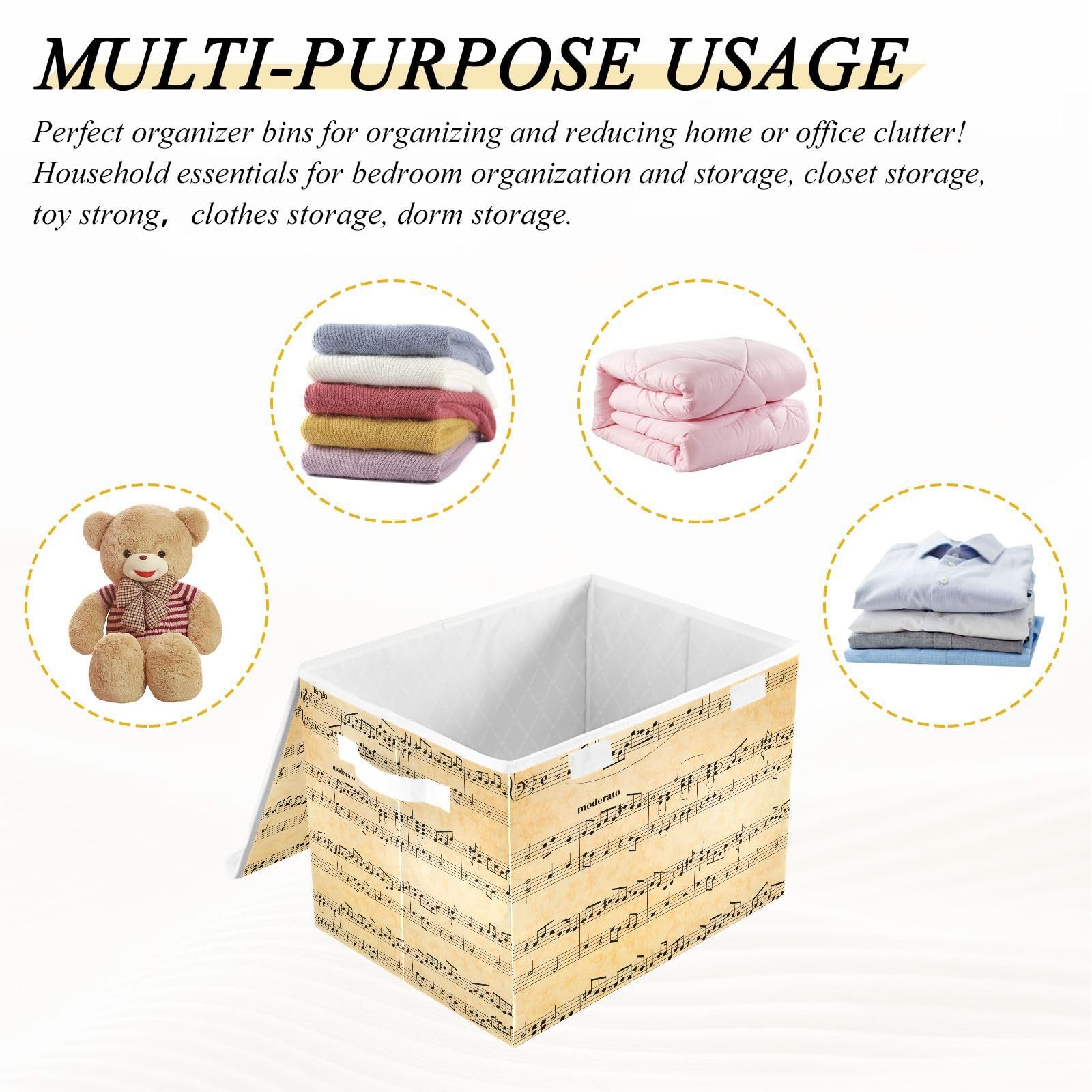 BiCca Music-sheet-old-pattern Large Fabric Storage Boxes with Handles, Large Foldable Storage Bin with Lid, for Shelves Closet Home Bedroom Office., style