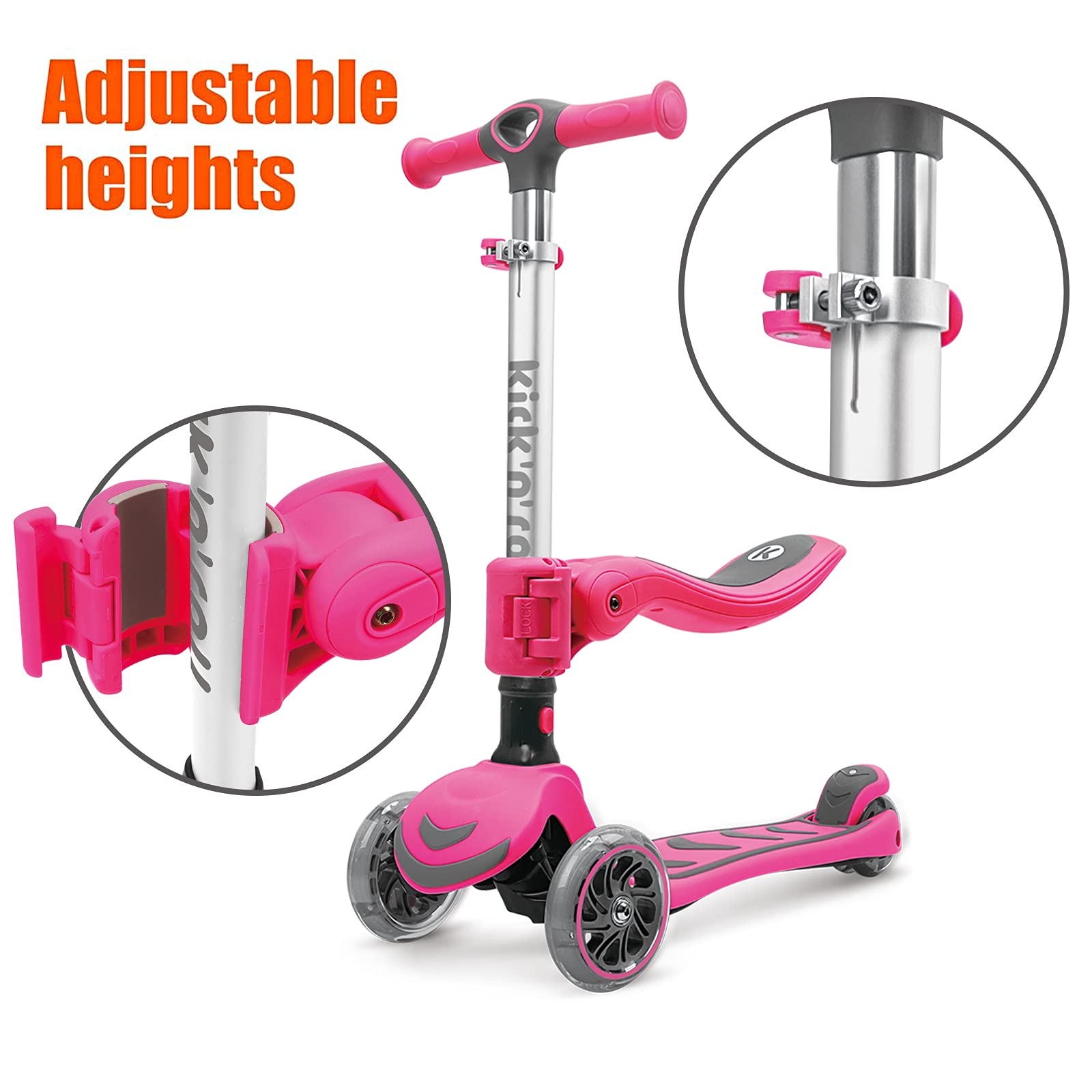 Kicknroll 3 Wheel Scooter for Kids Ages 3-5, Extra-Wide Deck Lean to Steer Foldable Toddler Scooter with Seat, 3 LED Light Wheels & 4 Adjustable Height, 110 Lbs Capacity- Pink 2 in 1 Kids Scooter