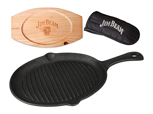 Jim Beam JB0159, Heavy Duty Construction, Pre Seasoned Cast Iron Skillet with Wooden Base and Mitt, Black,Small
