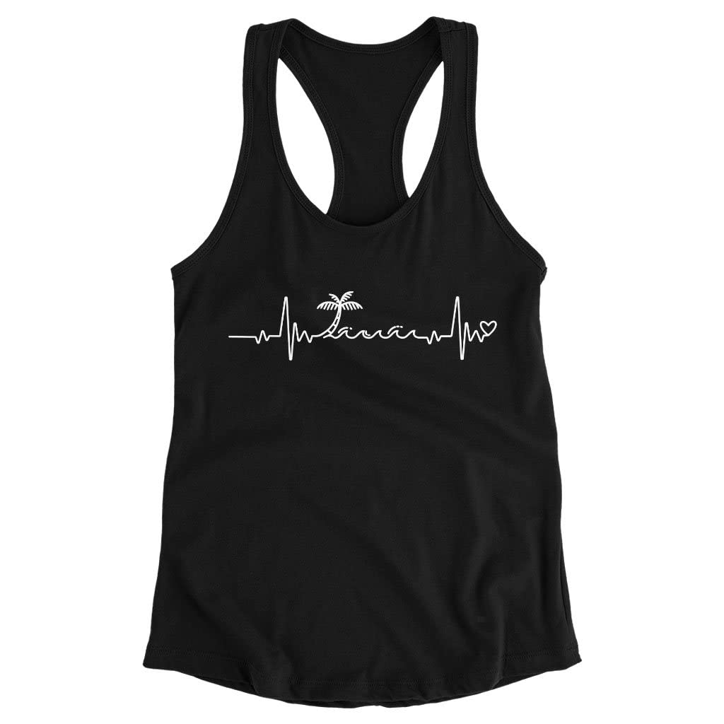 Beach Heartbeat Racerback Tank - Palm Tree Tank - Graphic Workout Tank (as1, Alpha, m, Regular, Regular, Black, M)