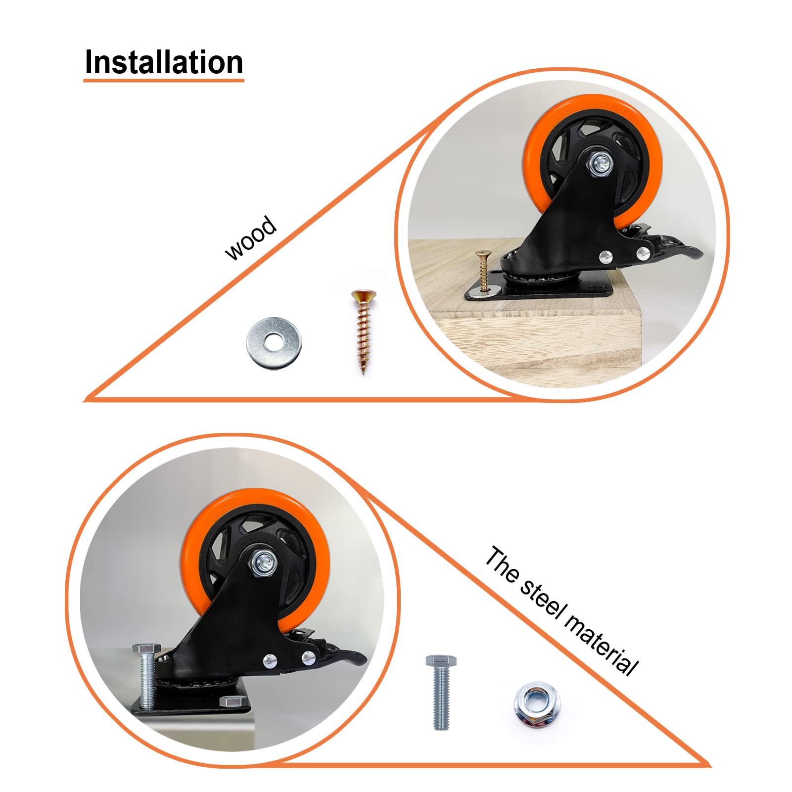 ASRINIEY Casters, 4" Caster Wheels,Casters Set of 4 Heavy Duty - Orange Polyurethane Castors, Top Plate Swivel Wheels, 4-Pack Industrial Casters with Brake, Locking Casters for Furniture and Workbench