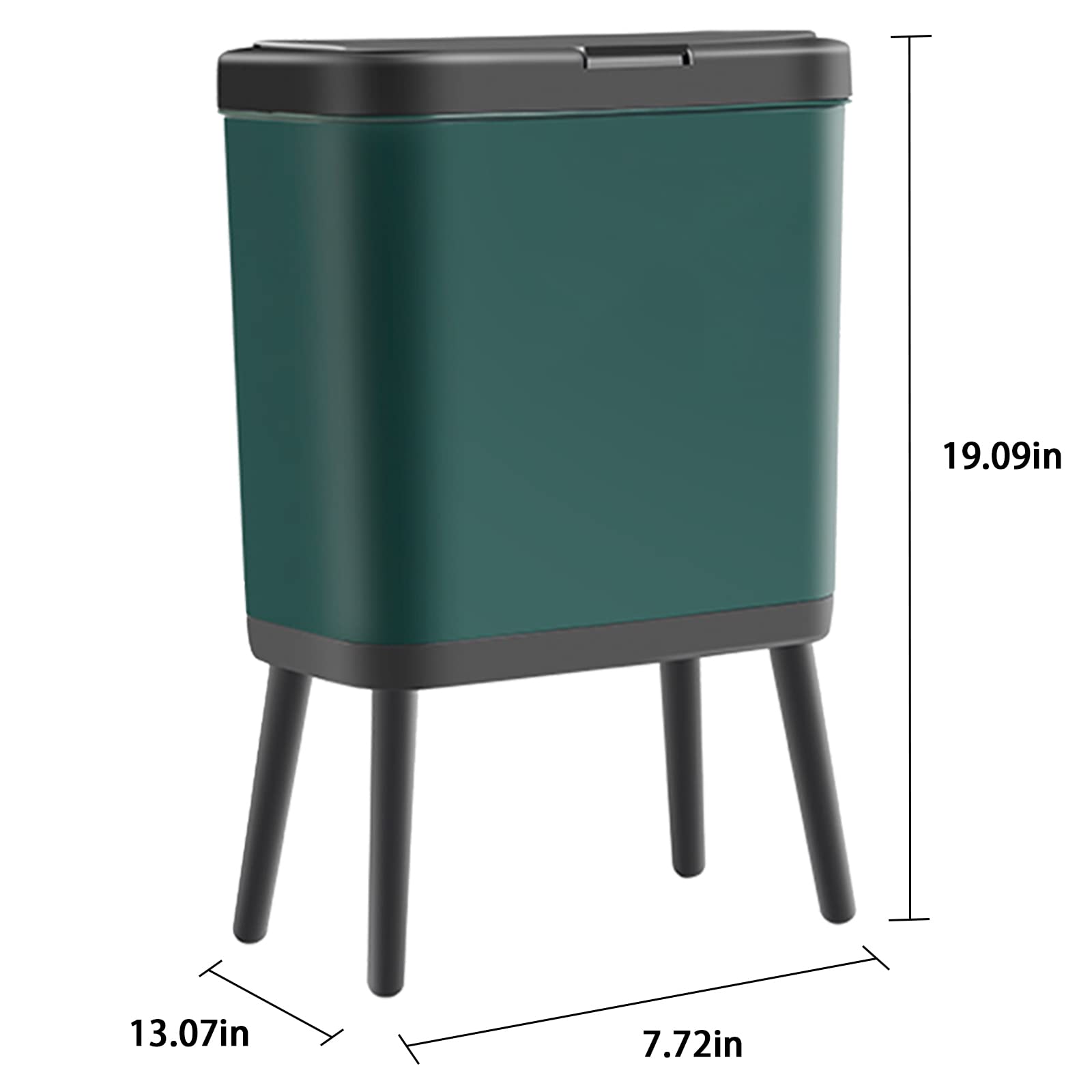 URALFA Slim Trash Can with Lid, Modern Kitchen Garbage Can Narrow Trash Can with Legs, 4 Gallon Garbage Bin Plastic Waste Basket Gold Edge for Bathroom, Office, Bedroom, Living Room, Green