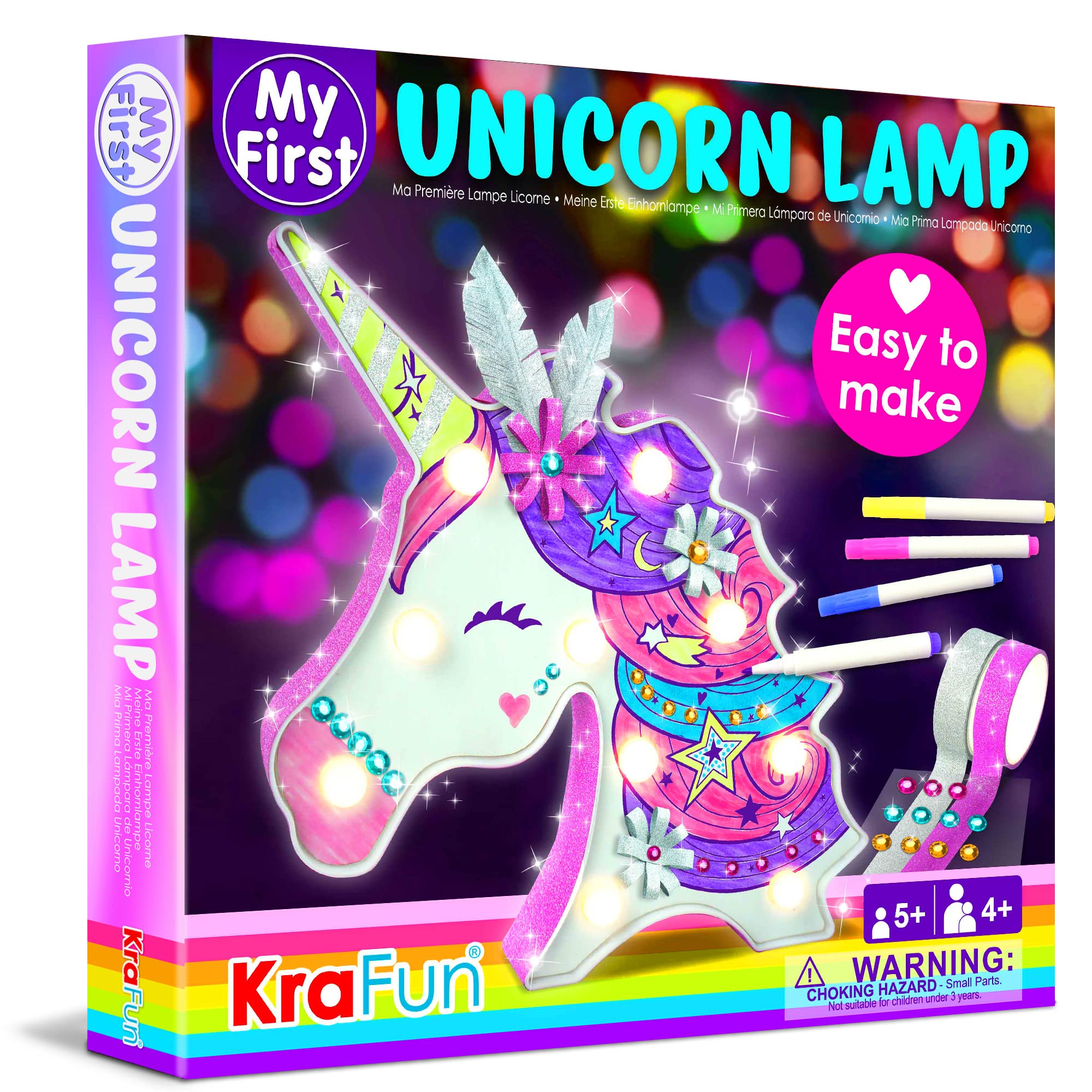 KRAFUN Easy DIY Unicorn LED Night Light Kids Lamp Kit for Girl Crafts – My First Beginner Arts and Crafts Gift, STEM STEAM Toys Painting Lamp with Marker for Age 5 6 7 8 9 10 11 12 Year Old