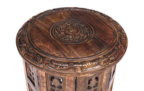 Hand Carved Solid Wooden End Table, Side Table, Entryway Table, Side Tables for Small Spaces, Wooden End Table, Bedside Table, Octagonal Wooden Table- 12 Inch Round Top x 12 Inch High- Natural Burnt