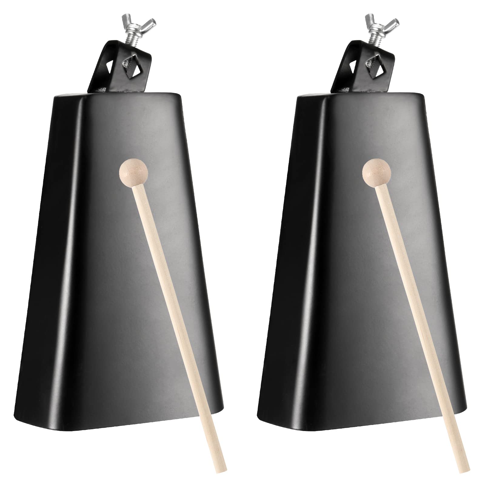 MAHIONG 2 Pack 9 Inch Cow Bell, Metal Noise Makers with Stick, Black Cowbell Percussion Instrument for Drum Set, Hand Percussion Cowbell for Sporting Events, School, Wedding, Farm