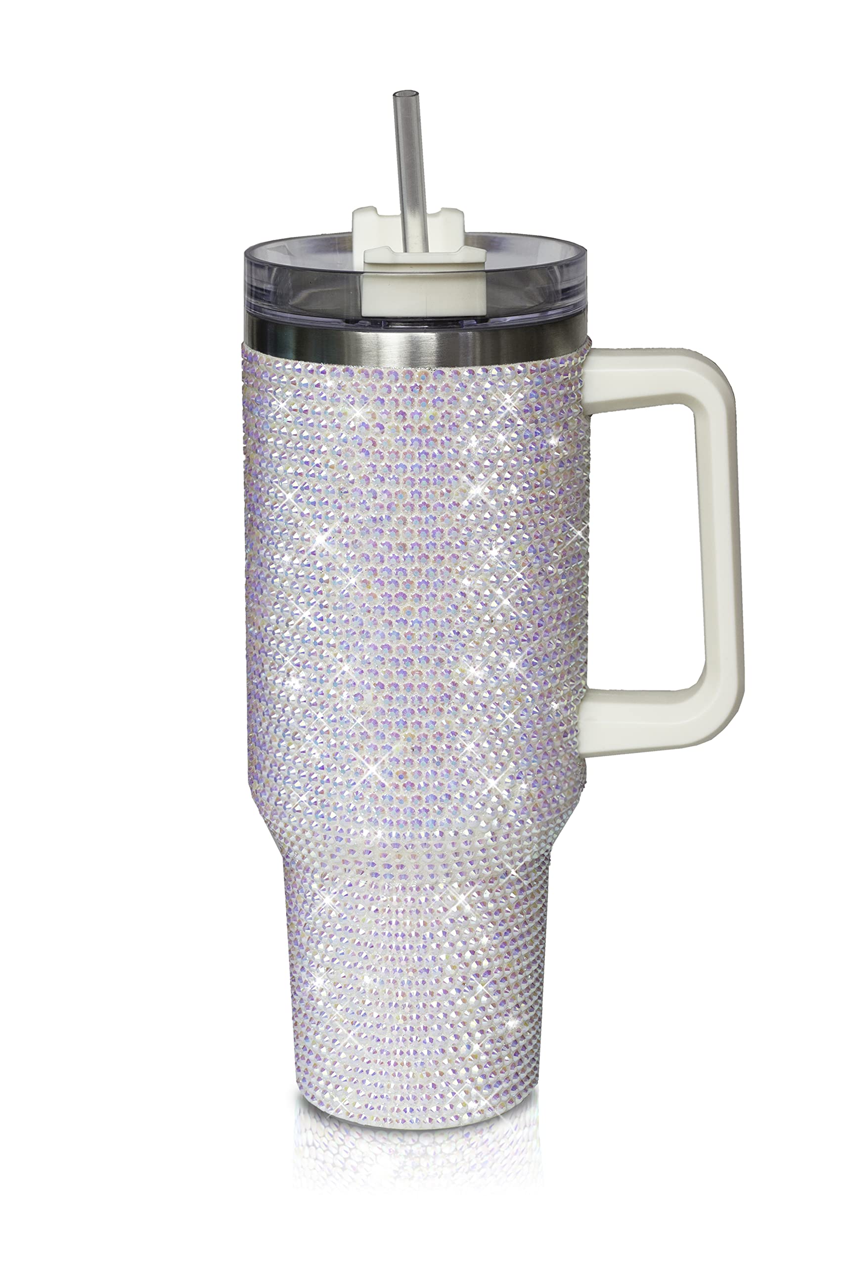 cuteolivia 40 Oz Tumbler With Handle Studded Tumbler With Lid and Straw Insulated Stainless Steel Double Wall Water Cup Travel Mug Water Bottle Tumblr For Women (40 oz 1200 ml, White)