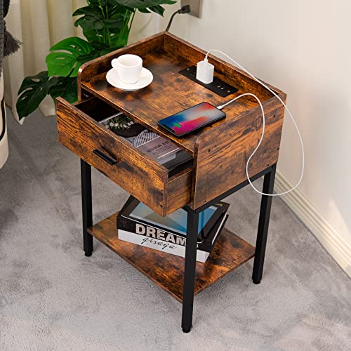 Lerliuo Nightstand with Charging Station and USB Ports, 3-Tier End Side Table with Storage Drawer and Shelf, Modern Bedside Night Stand for Bedroom, Living Room- Retro Brown