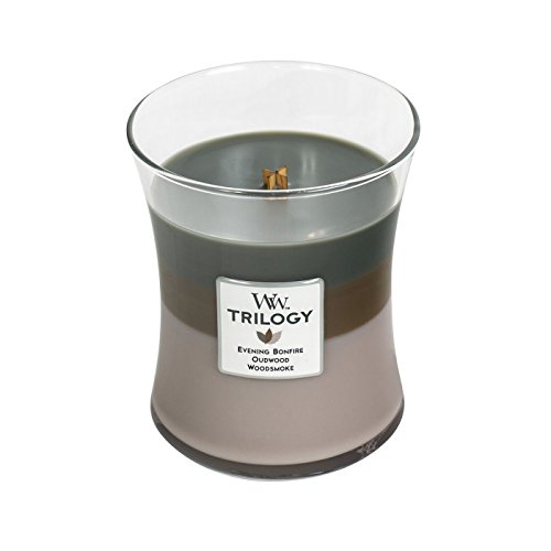WoodWick Trilogy Cozy Cabin, 3-in-1 Highly Scented Candle, Classic Hourglass Jar, Medium 4-inch, 9.7 oz