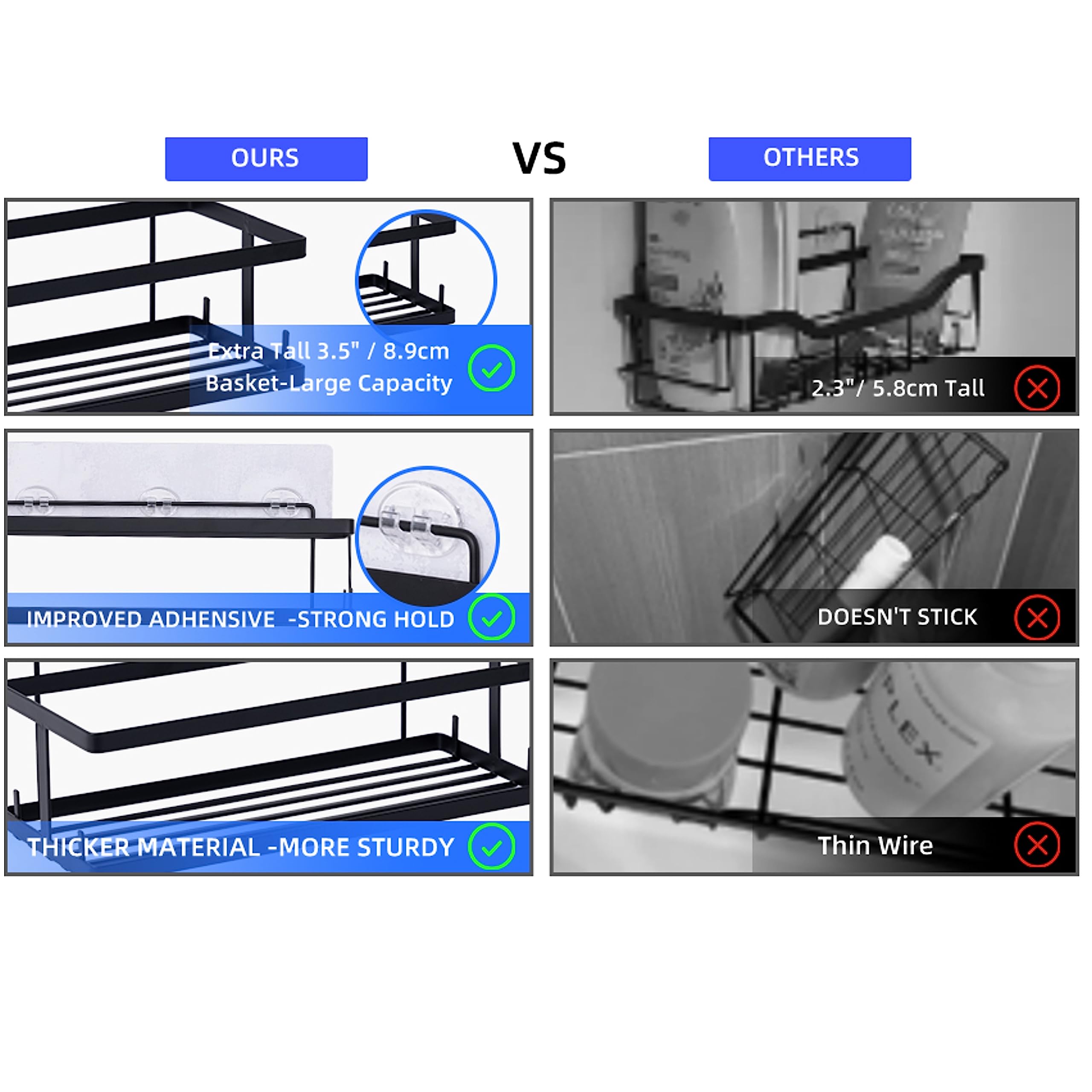 Comelyjewel 6 Pack Bathroom Adhesive Shower Shelves for Tile Wall Toiletry Kitchen Organizer and Large Capacity Bathtub Essentials Wall Rack Suction Shower Caddy for Inside Shower Storage