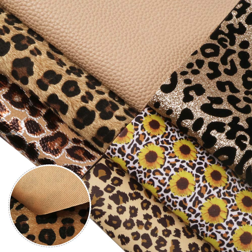David angie Leopard Sunflower Printed Faux Leather Sheet Mixed Synthetic Leather Sheets Assorted 6pcs 7.7" x 12.9" (20 cm x 33 cm) for Earrings Hair Bows Making (Assorted)