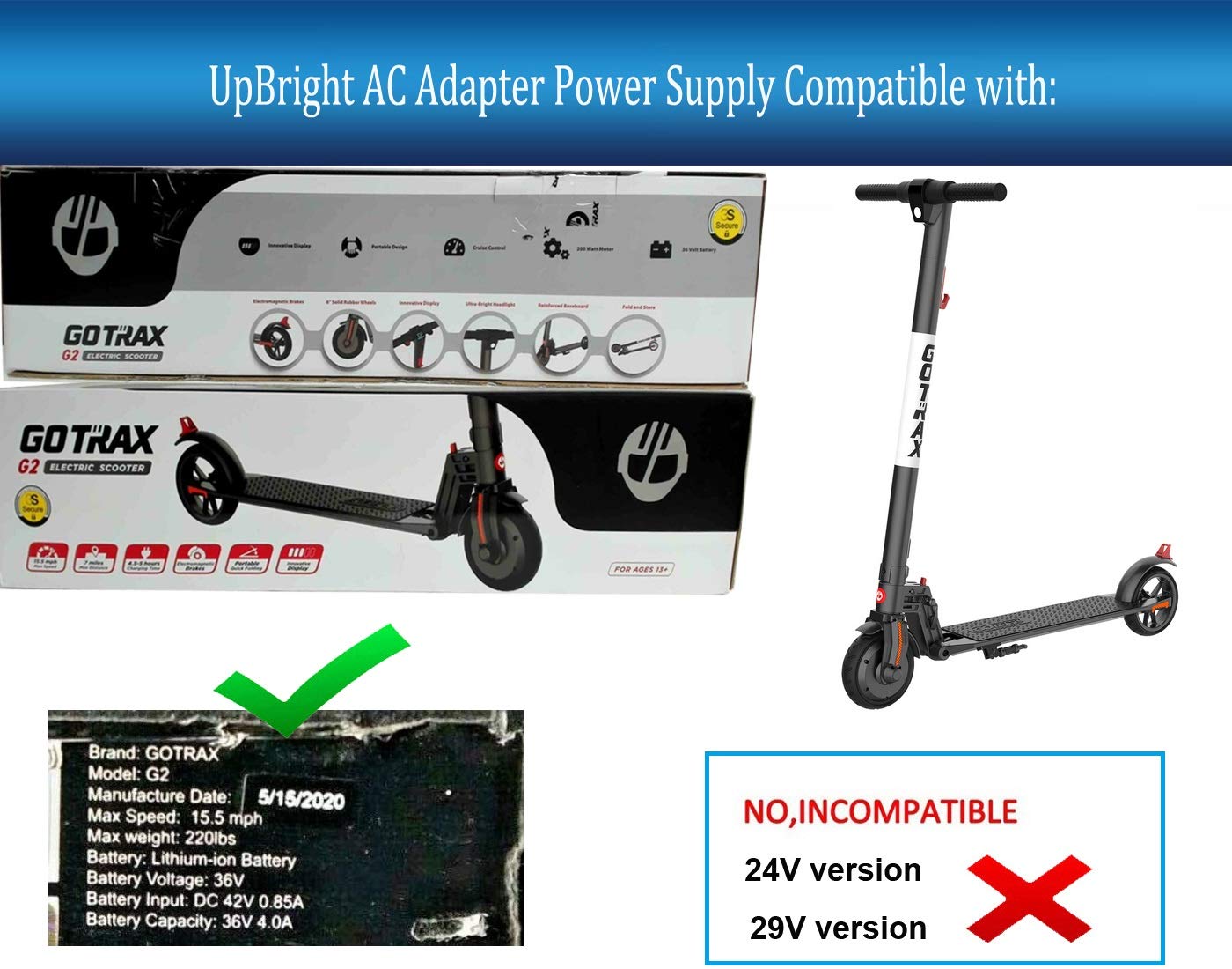 UpBright 42V AC/DC Adapter Compatible with GOTRAX XR Elite Ultra GXL V2 GT-GXV2-BLA G4 Apex G2 SRX Pro 36V Lithium-ion Battery Hooverboard Electric Scooter Hover Board 42VDC Power Supply Cord Charger