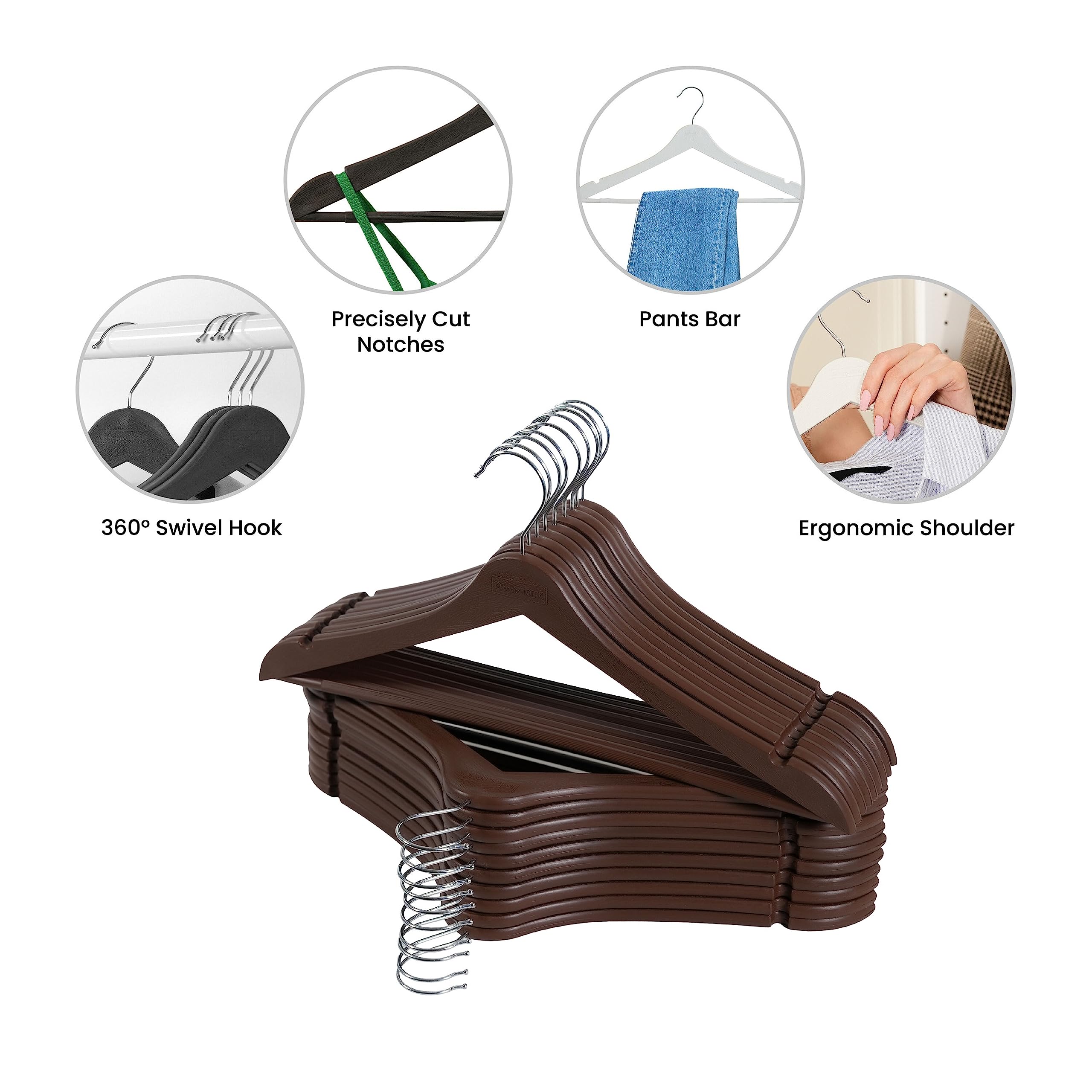 D'orcia Home Clothes Hanger - Heavy Duty Durable Coat and Clothes Hangers - 20 Pack Clothes Hangers Plastic - Non-Slip Clothes Hangers - Wood Look Space Saving Hangers - 360 Degree Swivel Hook (Brown)