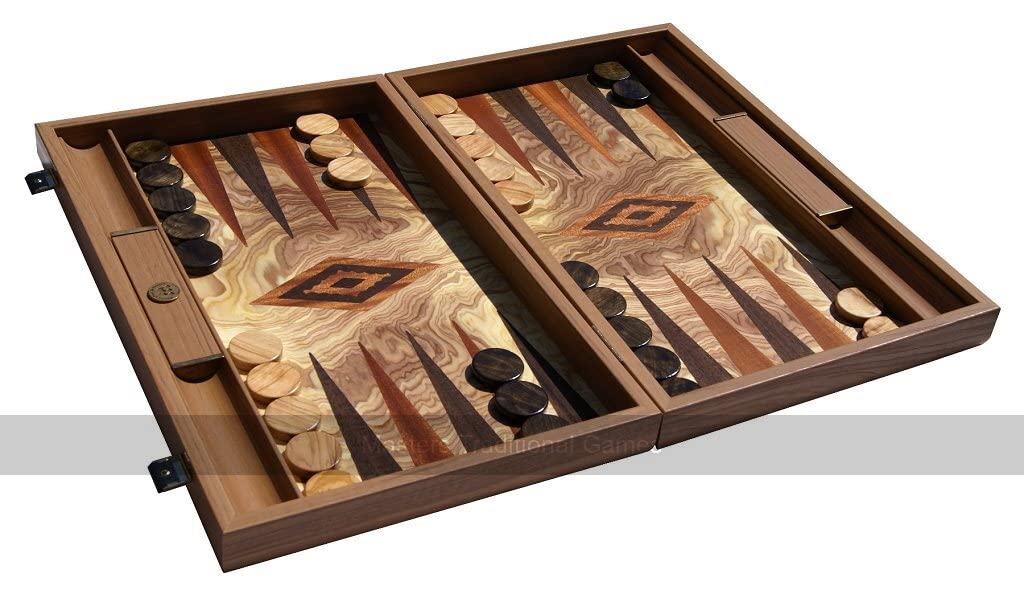 Manopoulos Luxury Olive Burl 15-inch Backgammon Set with Side Storage and Accessories