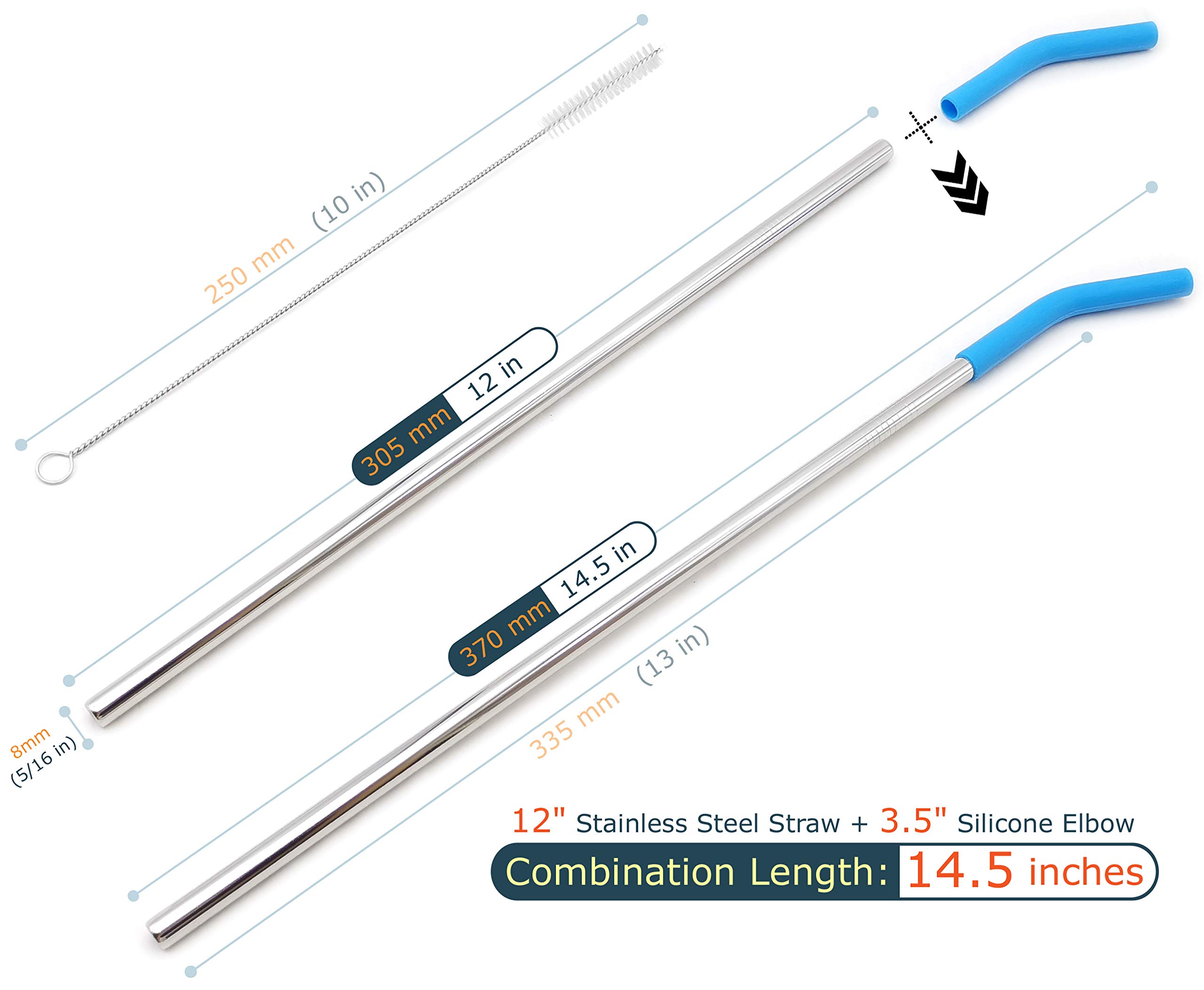 Big Drinking Straws Reusable 14.5" Extra Long 8mm Extra Wide Food-Grade 18/8 Stainless Steel Silicone Elbows Tips for Smoothie Milkshake Cocktail Juice Hot Drinks - Set of 4 + 2 Cleaning Brushes