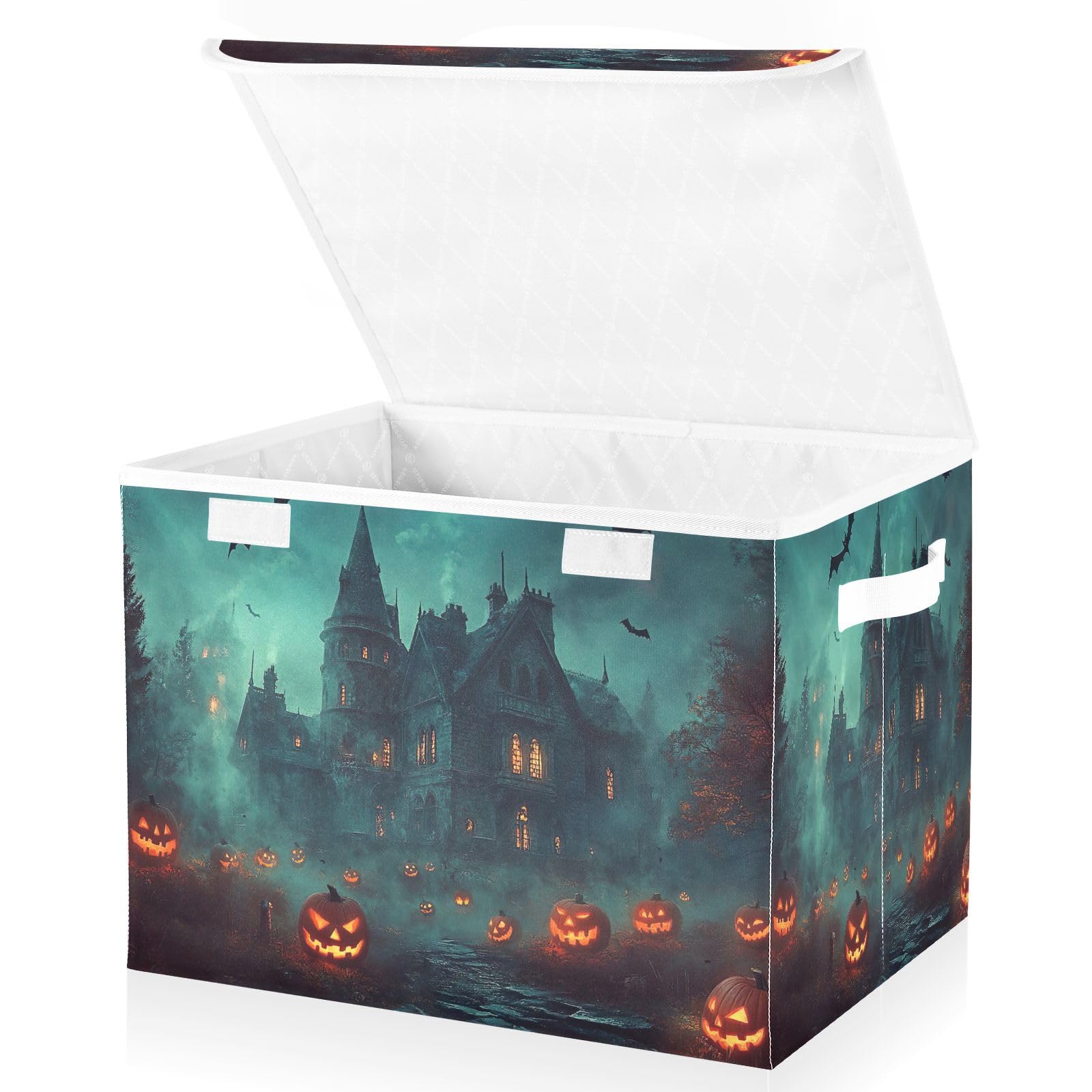 BOESI Castle and Halloween Pumpkin Pattern Foldable Storage Baskets Fabric Boxes with Handle Organizers with Flip-Top Lids Storage Bins for Home Bedroom Office