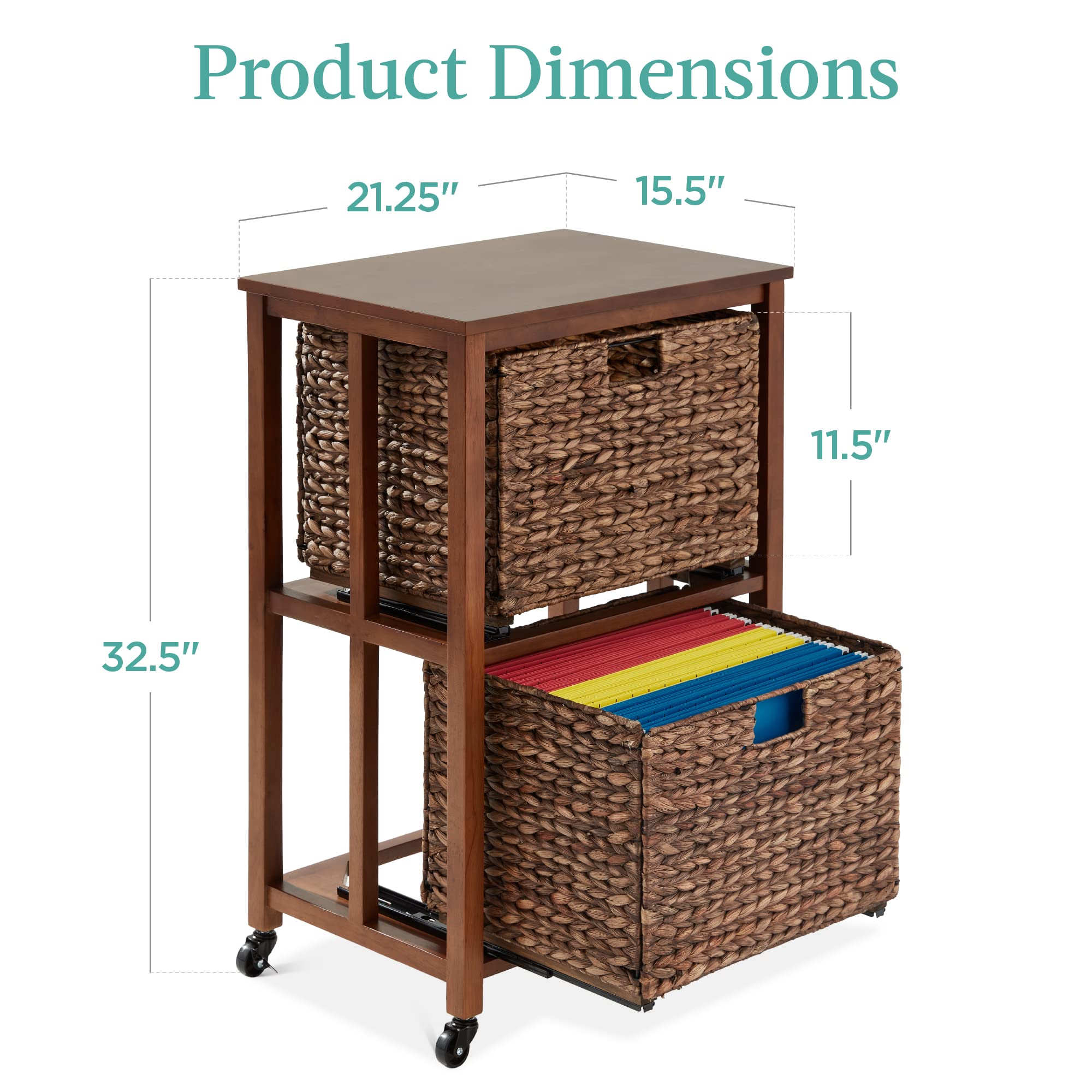 Best Choice Products Vertical Rolling File Cabinet, Multipurpose Portable Water Hyacinth Basket Organizer for Home Office, Workspace w/Rubberwood Frame, Metal Sliders, Locking Caster Wheels - Mocha