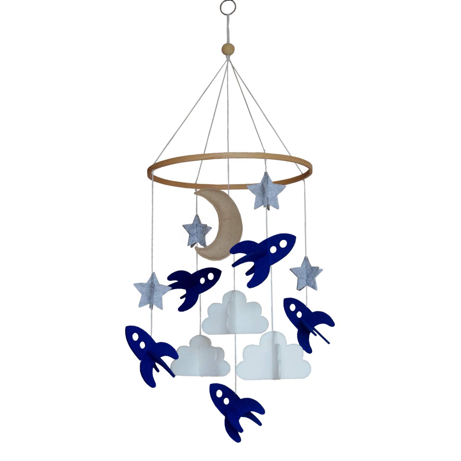 Baby Crib Mobile by Baby Sanda - Spaceships, Stars, Clouds and Moon - Navy Blue, Gray, White and Tan